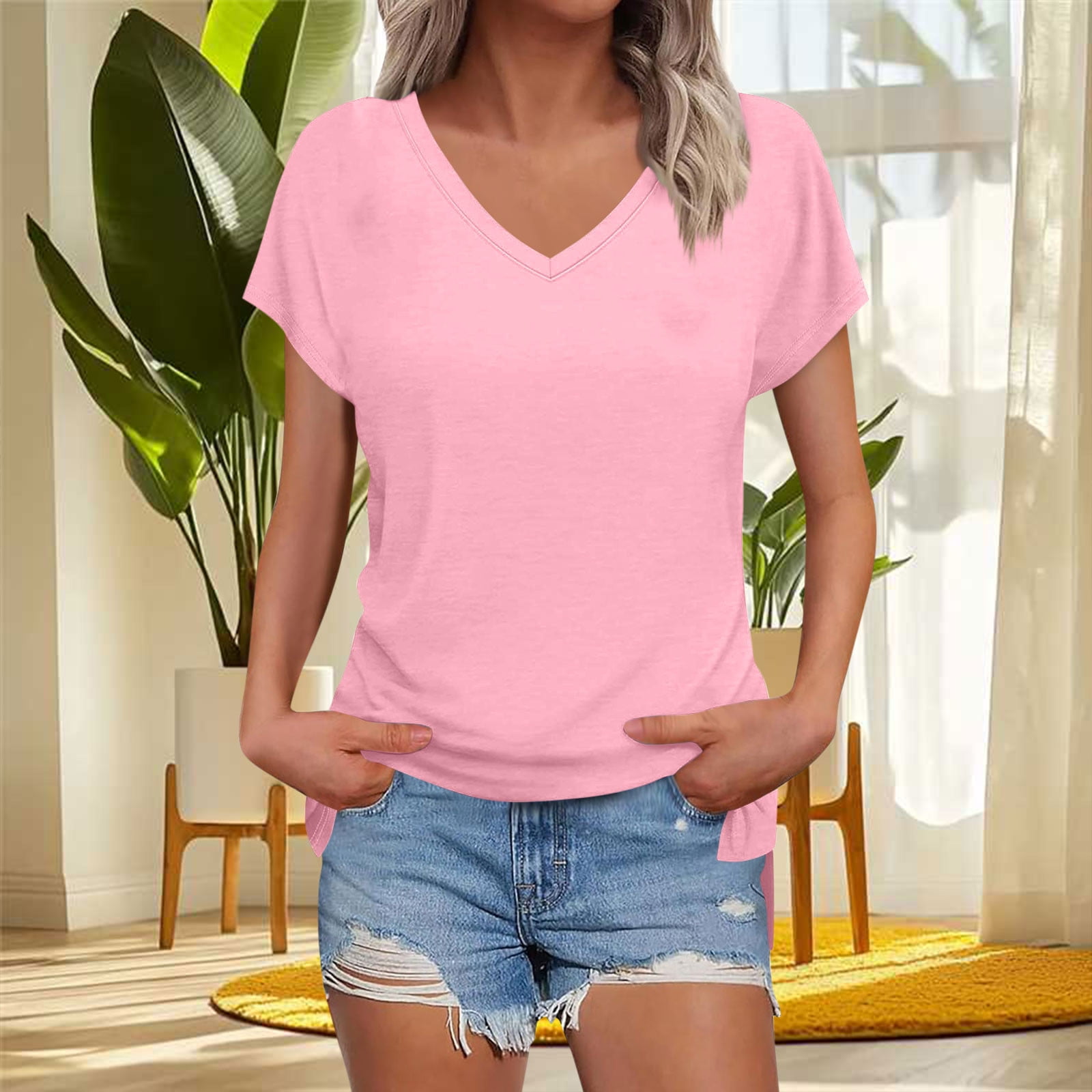 Aobny V-Neck Cute Tops Women V Neck Pink Short Sleeve Tops Loose Blouse ...