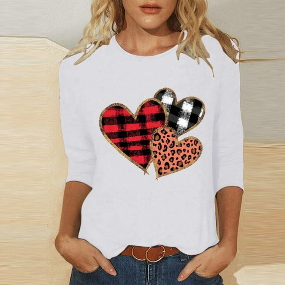 Aobny Valentine Work Blouse Plaid Womens T-shirts Crew Neck White ...