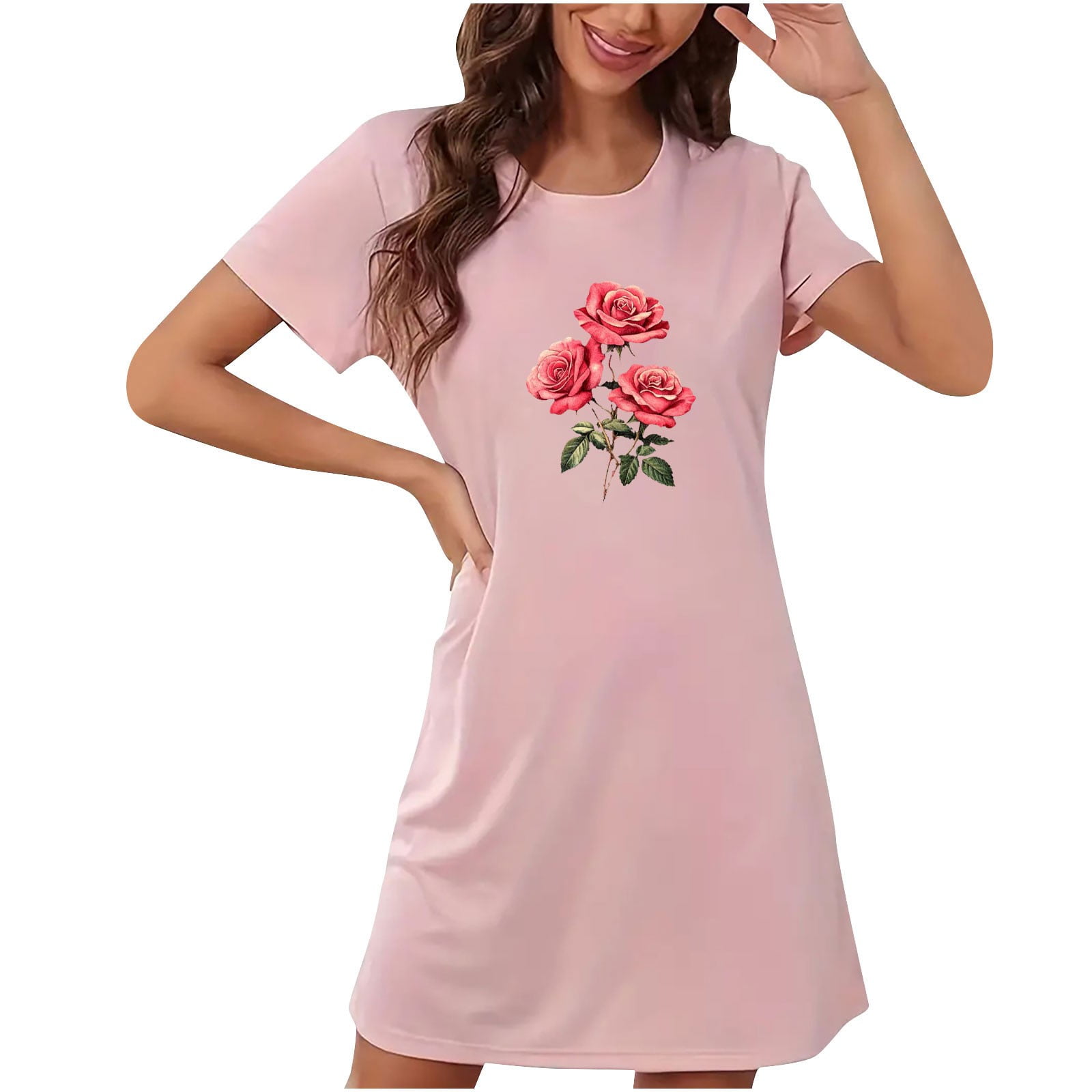 Aobny Valentine's Cute Women's Nightgowns Pink Floral Sleep Dresses ...