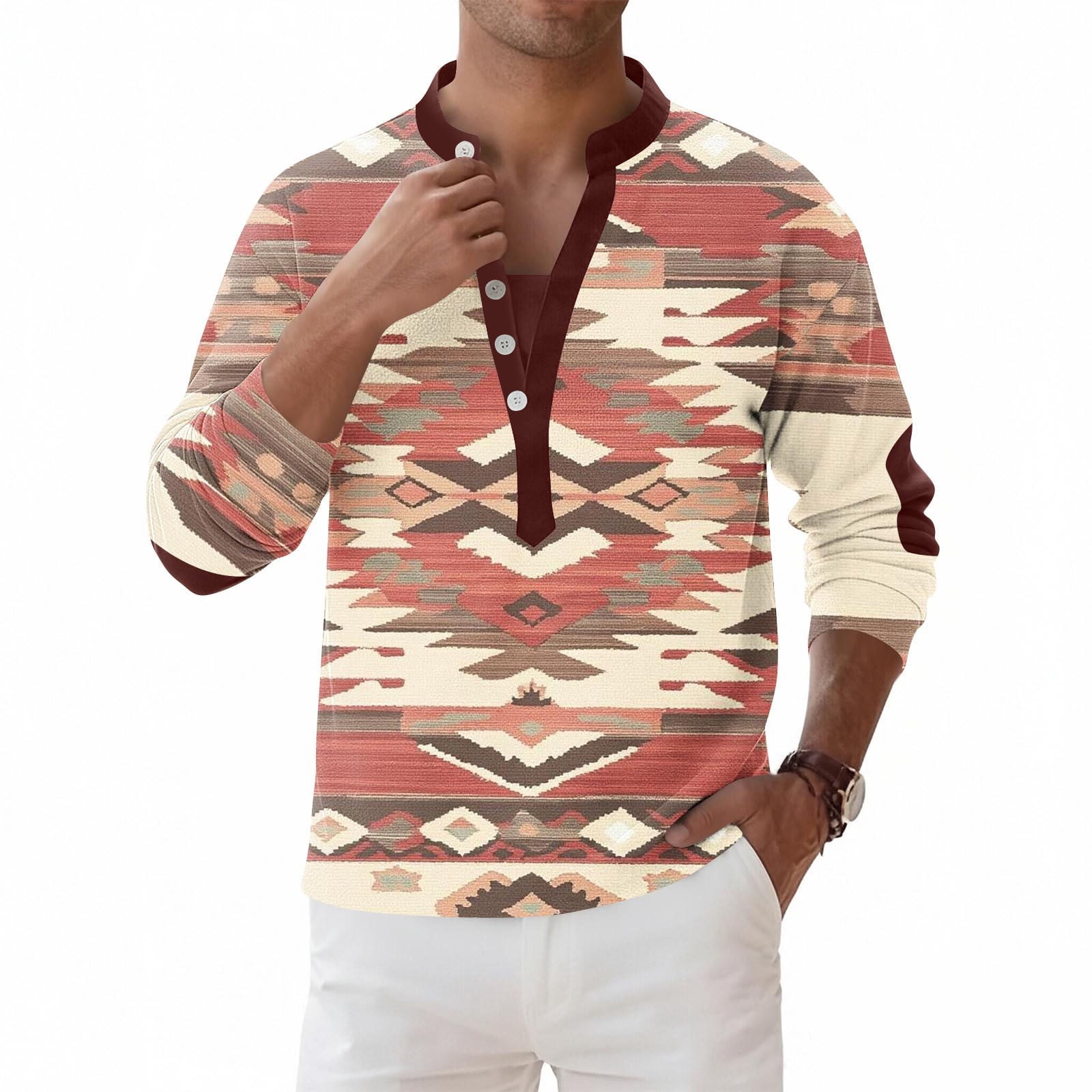 Aobny Vintage Tees Western Button Up Mens Tshirts Long Sleeve Henley ...