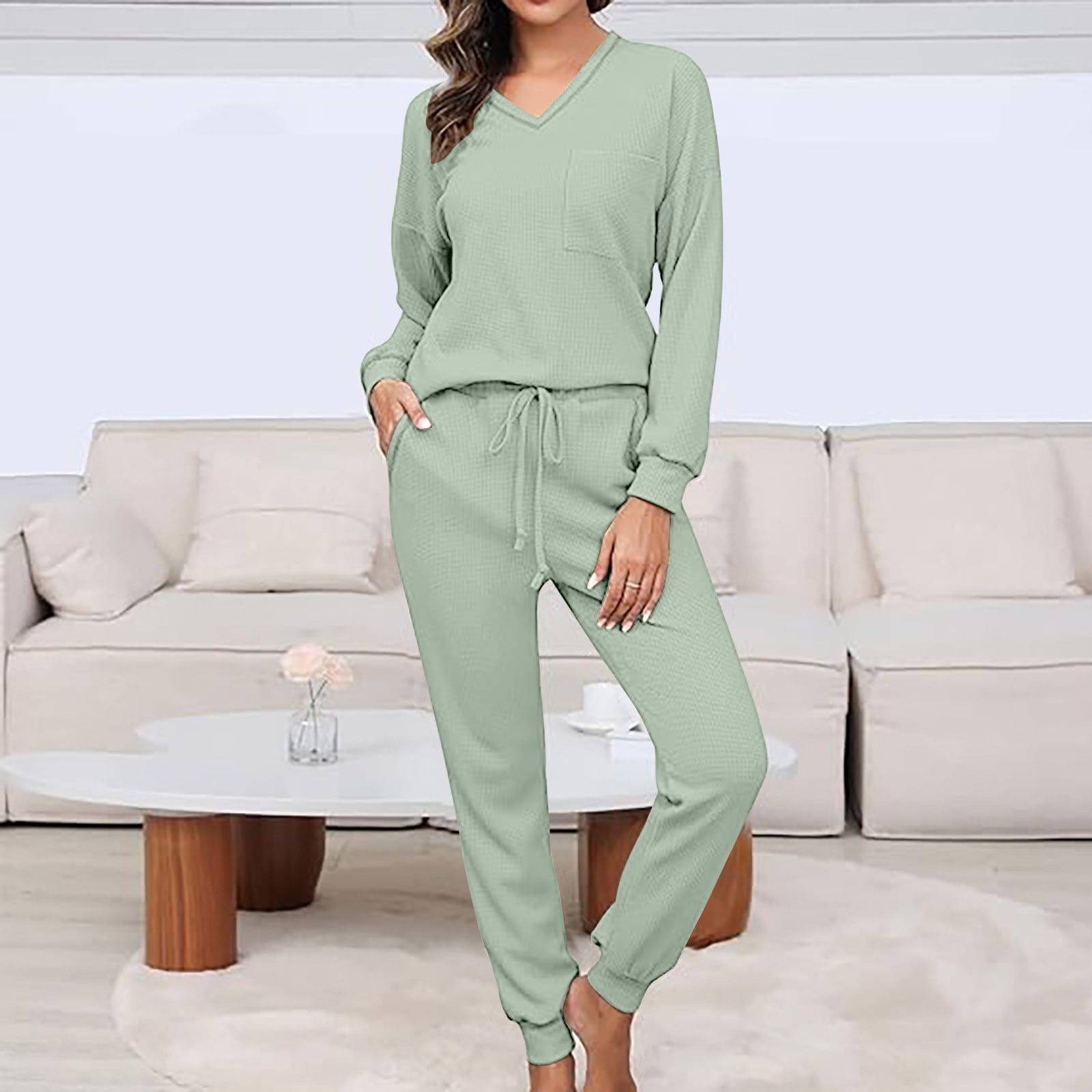Aobny Warm Winter Womens Pajamas Set Green Solid Sleepwear Waffle Knit ...