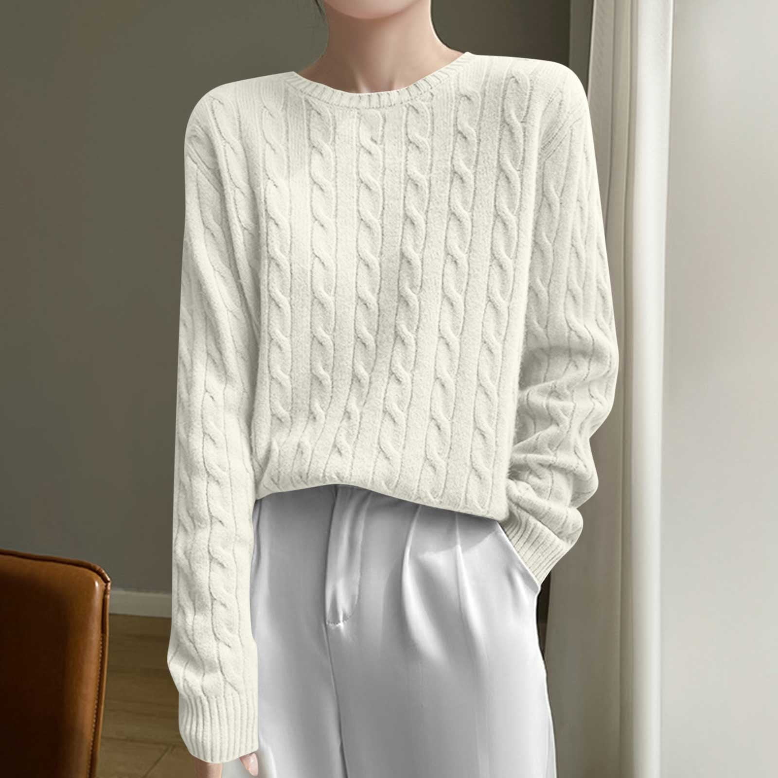 Aobny White Fancy Womens Sweaters Cotton Cable Knit Crew Neck Long ...