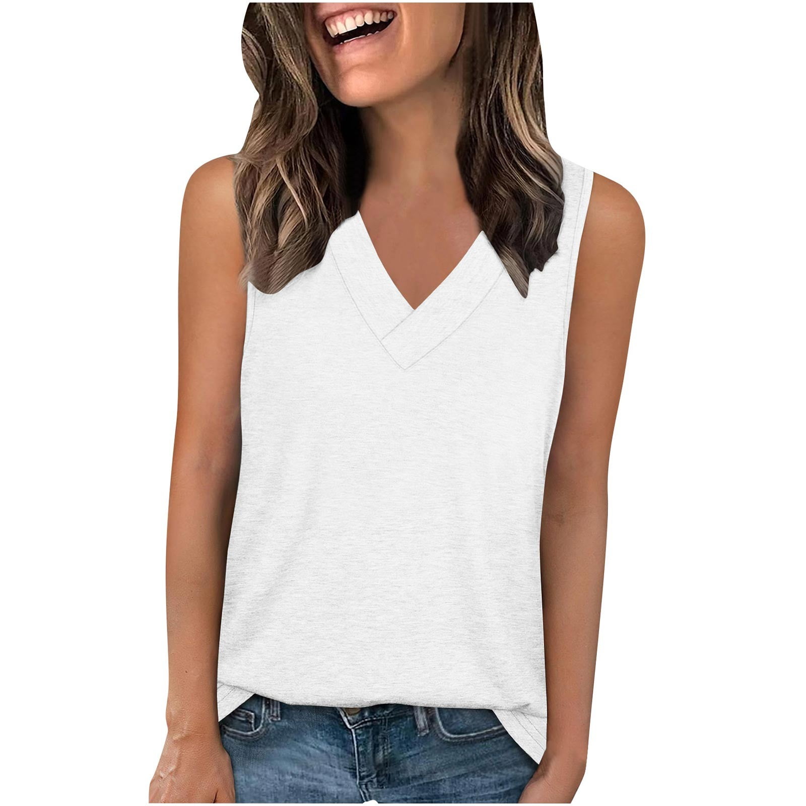 Aobny White Going Out Casual Women's Tank Tops Basic Cotton Tops Solid ...