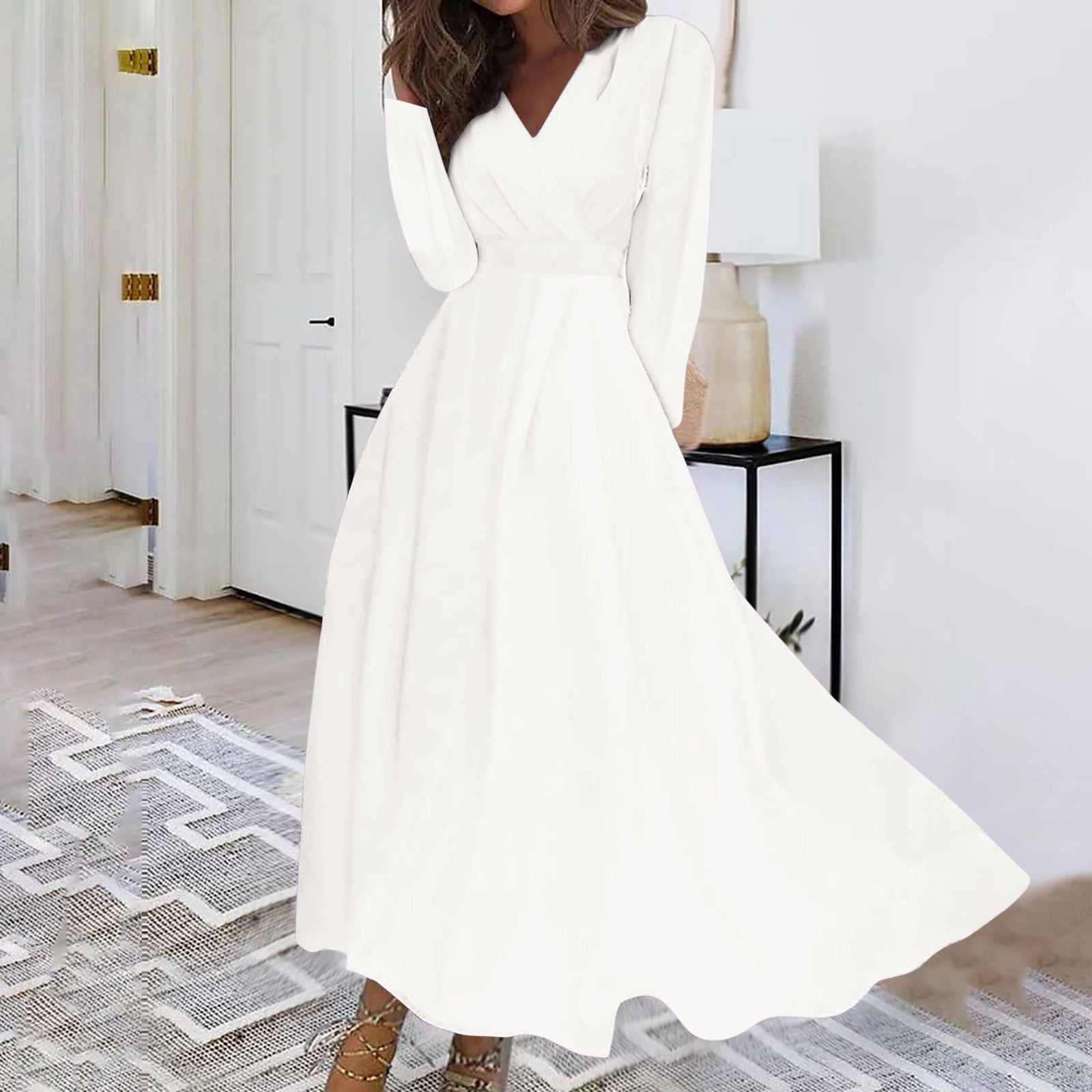 Aobny White Spring Break Dresses for Women 2025 Modest Flowy A-Line V ...