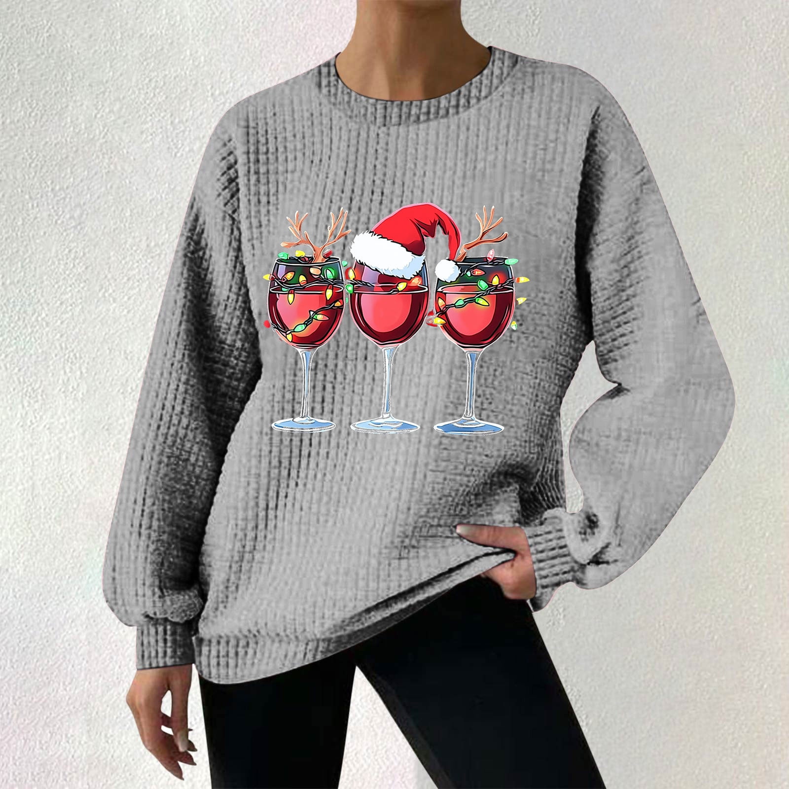 Aobny Winter Womens Outerwear Sweatshirts Gray Santa Christmas Waffle