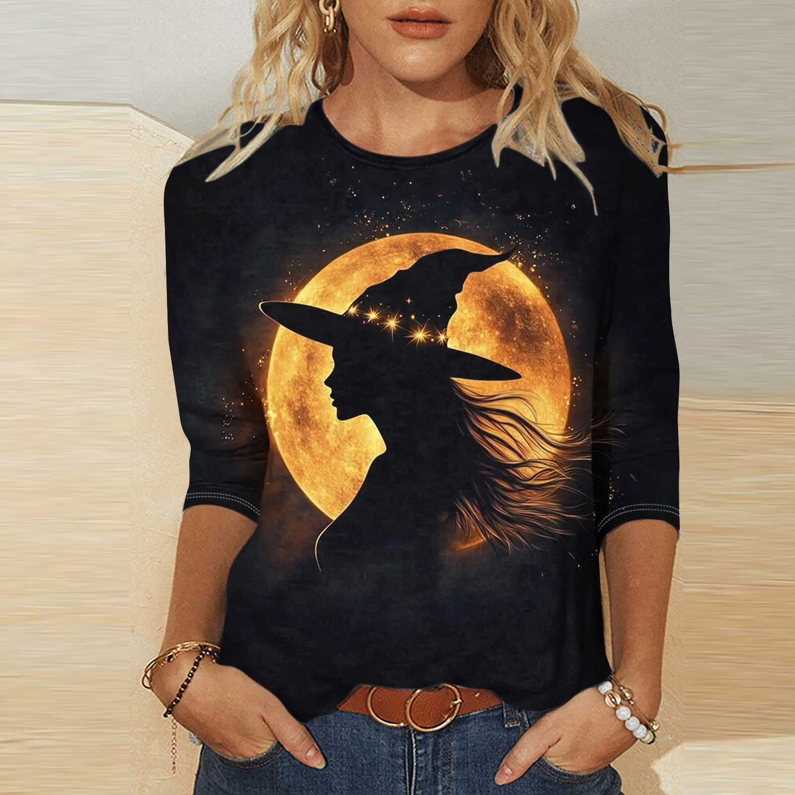 Aobny Witch Tops Women Plus Festival Blouses & Tops 3/4 Sleeve Crew ...