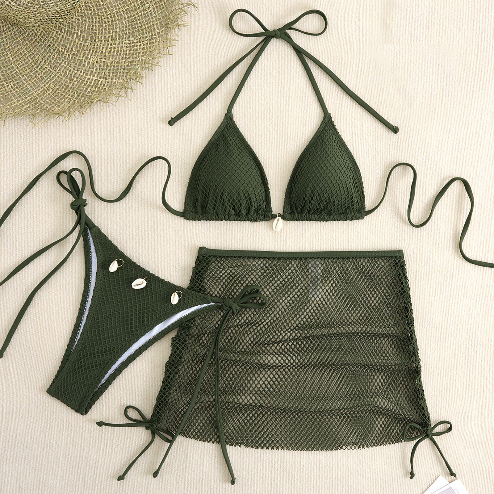 Aobny Women Bathing Suit Plain Bikinis 3 Piece Swim Suit Set Army Green ...