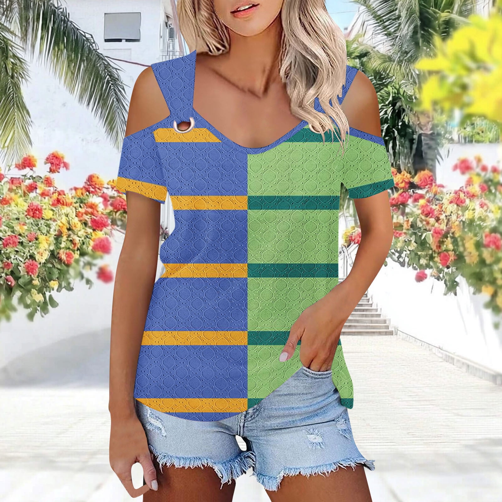 Aobny Women Casual Tops Eyelet Blue T-Shirt Short Sleeve Off The ...