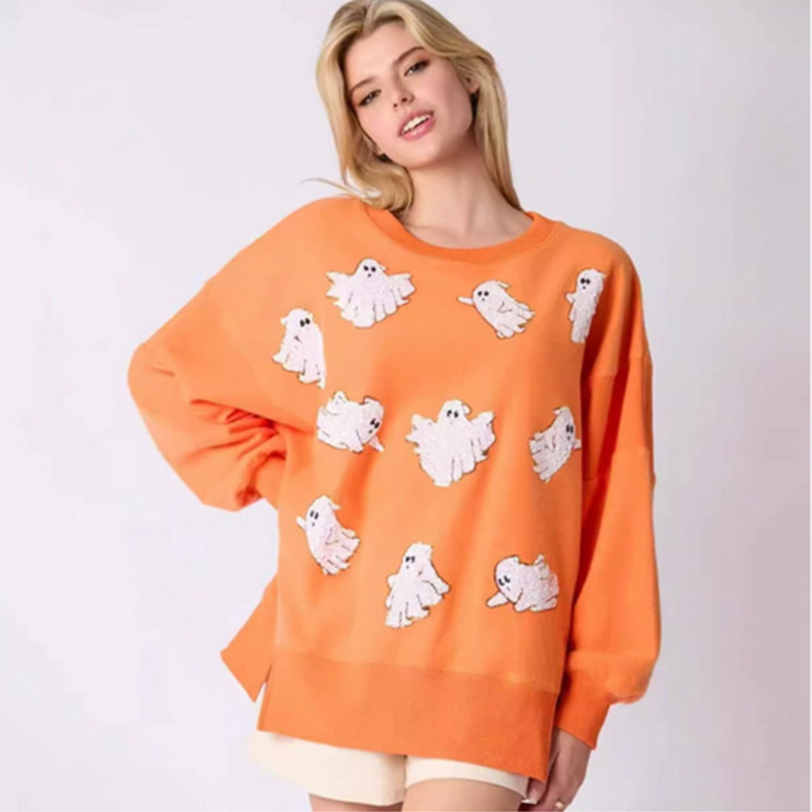 Aobny Women Fashion Sweatshirt Flowy Orange Ghost Sweatshirts Long Sleeve Crew Neck Office ...