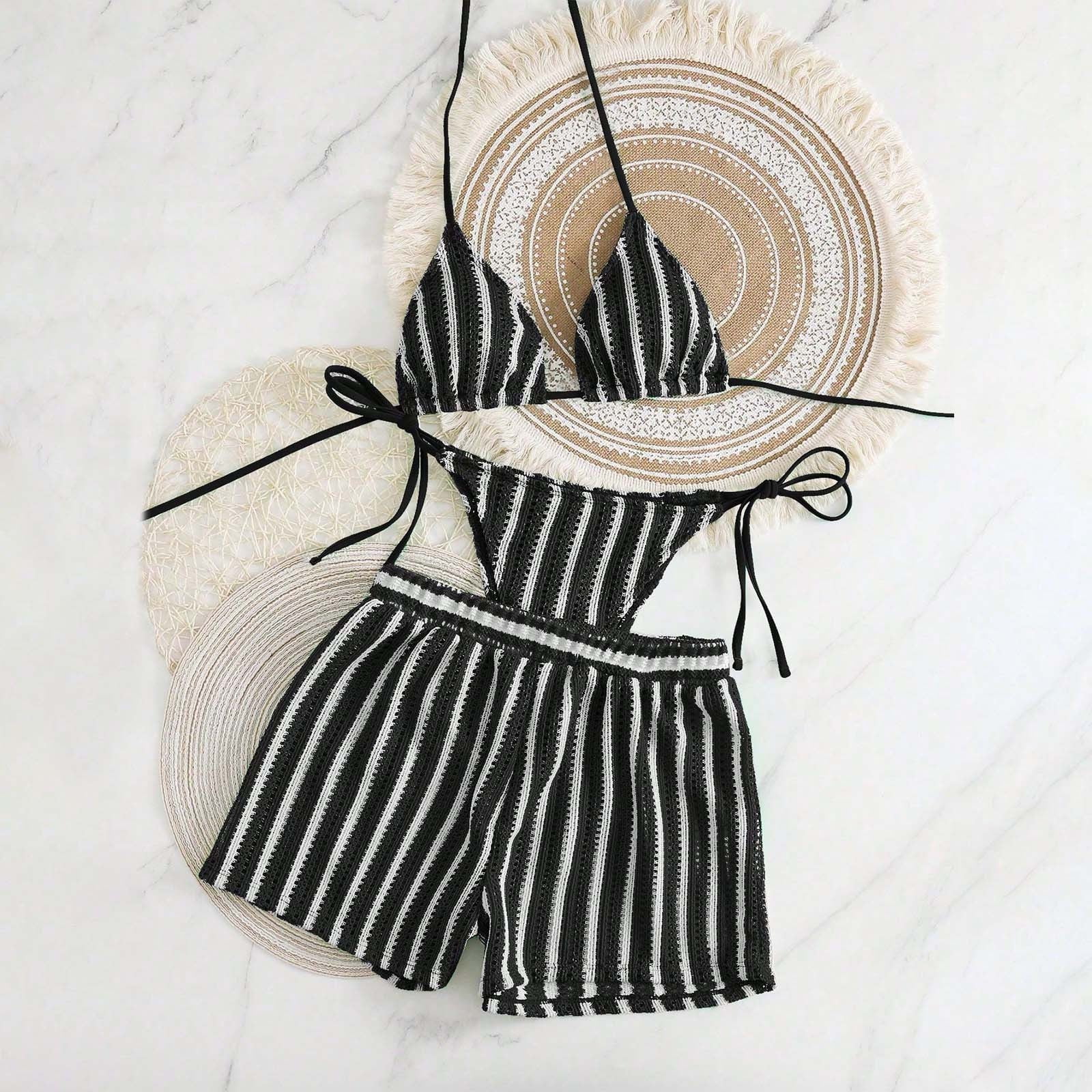 Aobny Women Swimsuits Bikinis 3 Piece Striped Swim Suit Set Triangle V ...