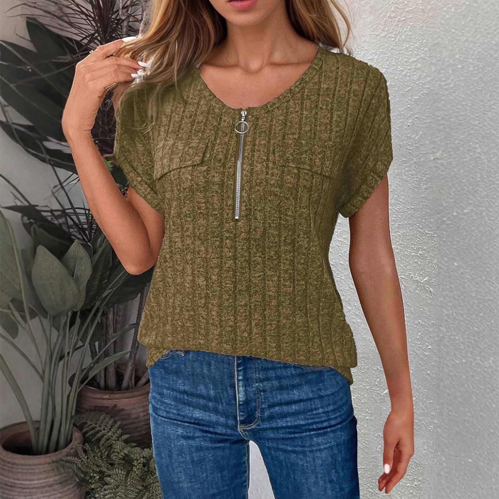 Aobny Women Tops Casual Green Knitted T-Shirt V-Neck Ribbed Short ...