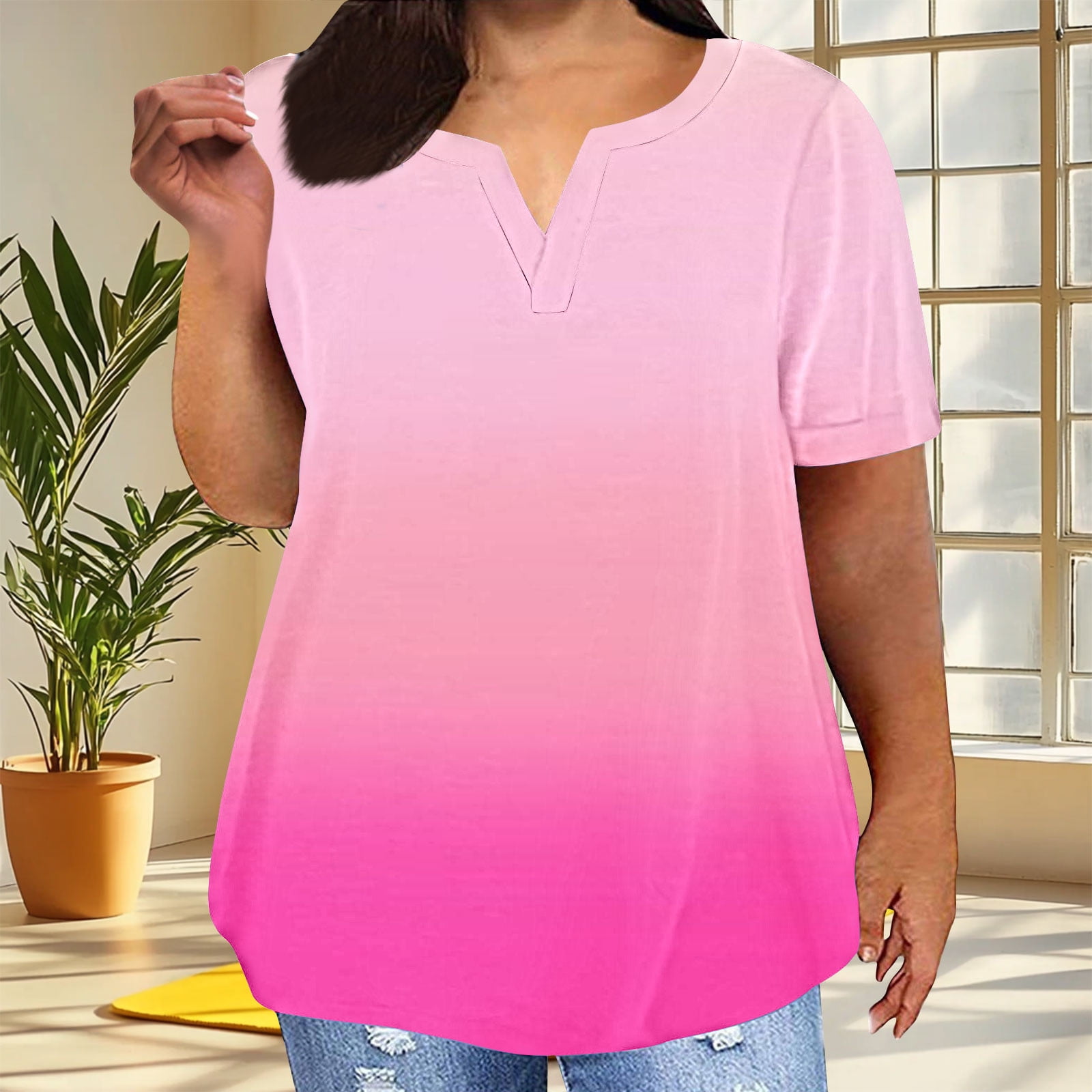 Aobny Women Tops Trendy Pink Gradient for Curvy T-Shirt Short Sleeve V ...