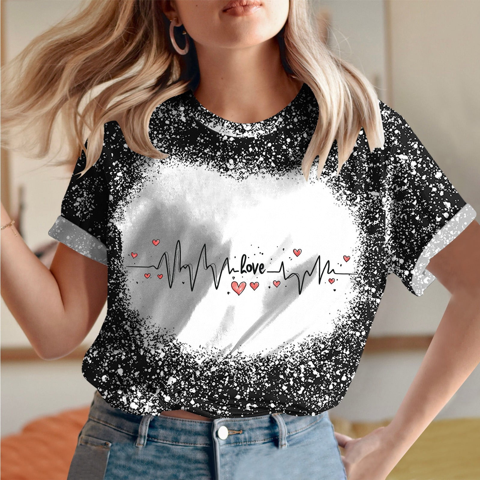 Aobny Women's Casual T-Shirt Black Oversize Fancy Tees Short Sleeve ...