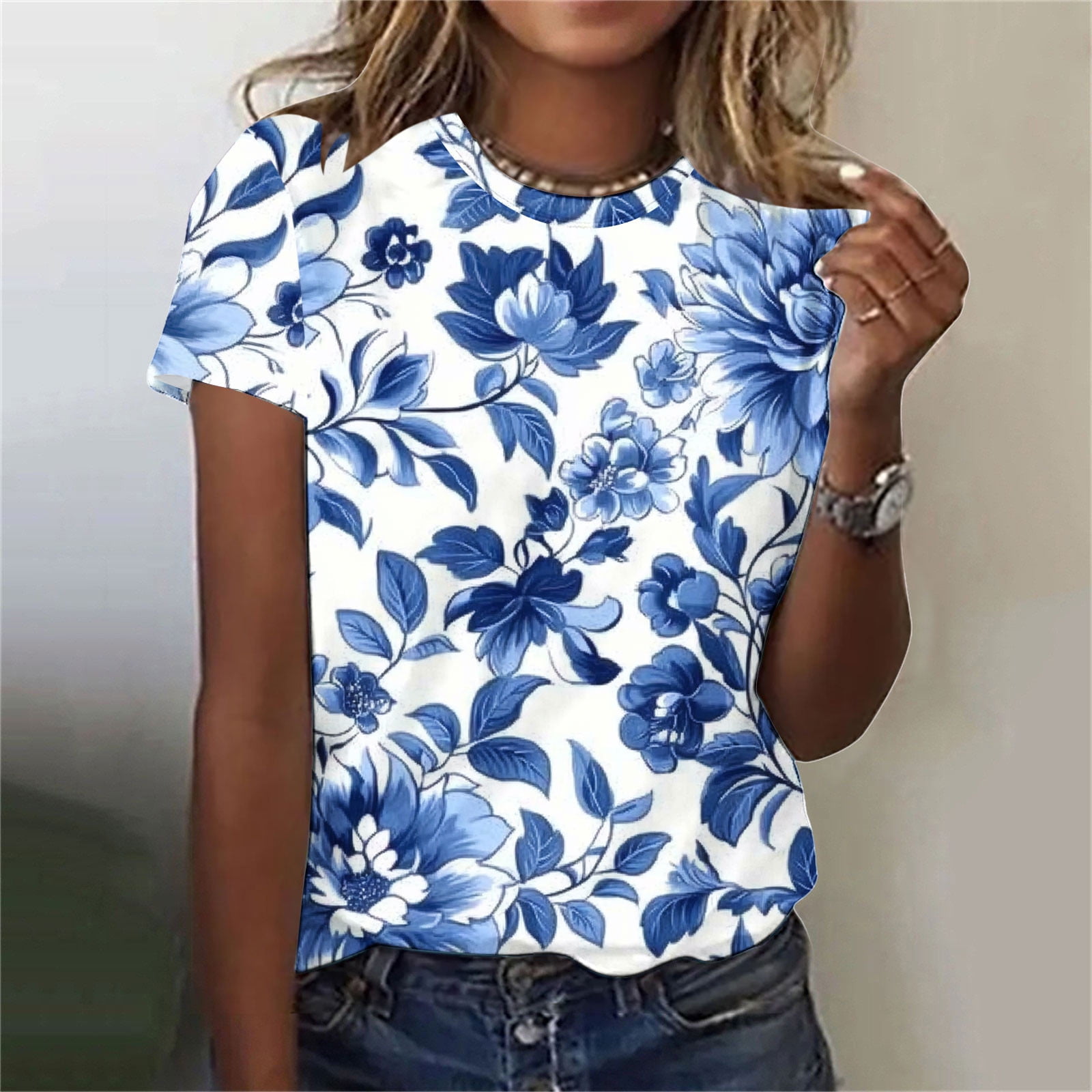 Aobny Women's Casual T-Shirt Oversized Comfort Tees Floral Crew Neck ...