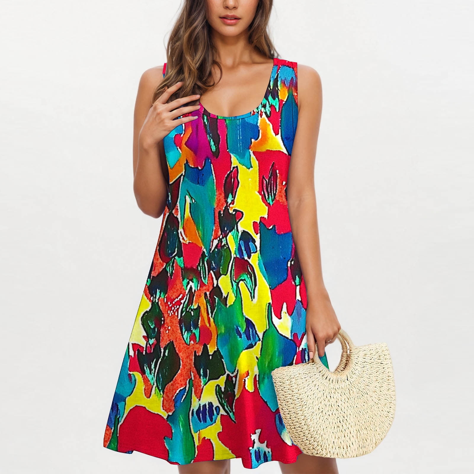 Aobny Women's Dresses Slimming Sunday Sundress Crew Neck Sleeveless ...