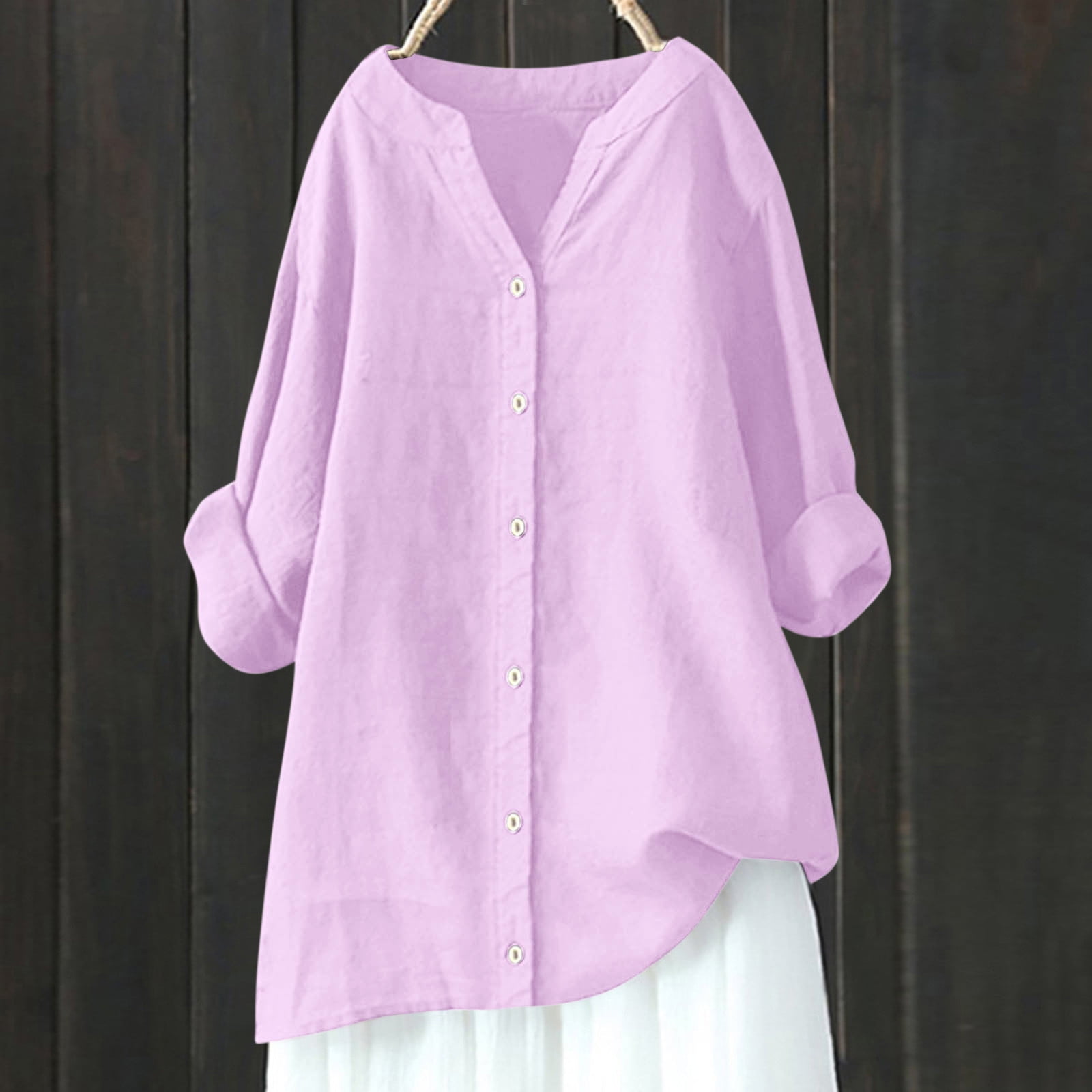 Aobny Women's Leisure Shirt Cotton Linen Going Out Pink Tops V-Neck ...