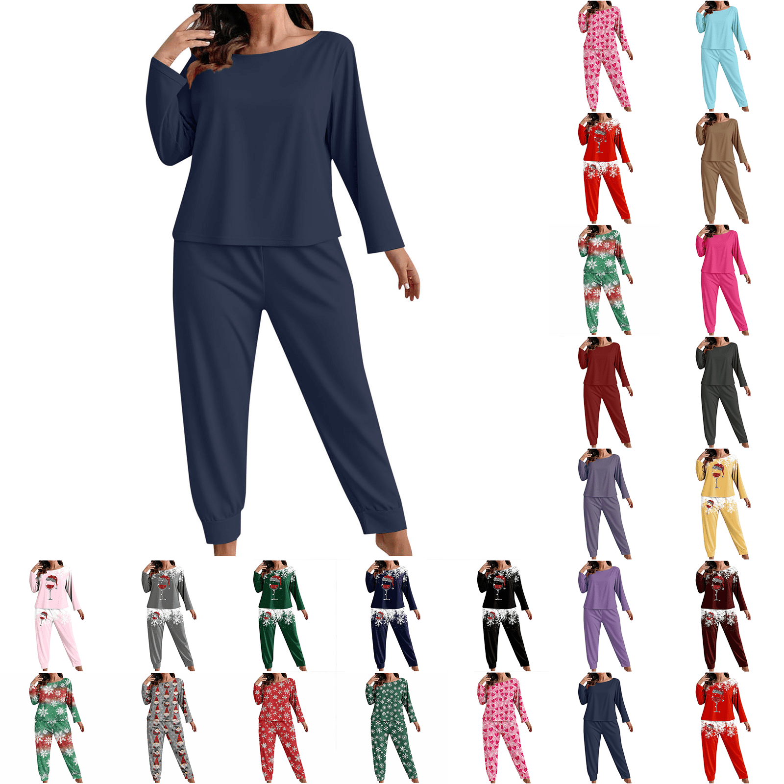 Aobny Women's Pajamas Holiday Comfy Pajamas Set Blue Long Sleeve ...