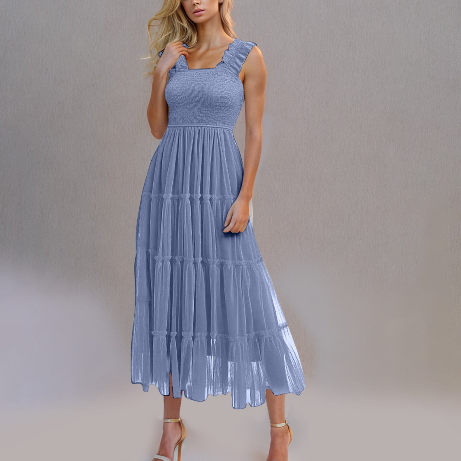 Aobny Women's Wear to Work Dresses Resort Blue Mesh Sundress Tiered ...