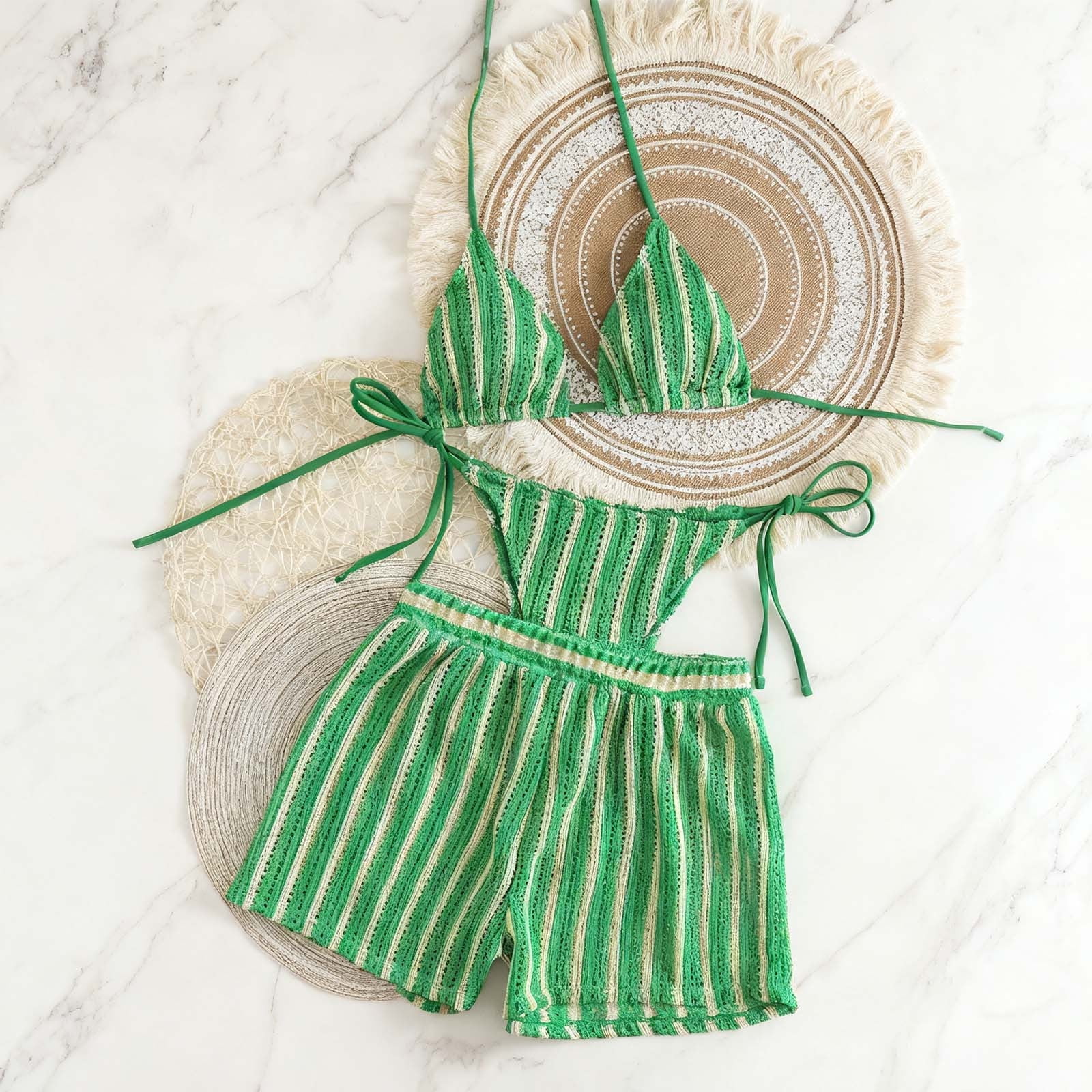 Aobny Womens Bikini Swimsuits Striped 3 Piece Swim Suits Triangle Green ...