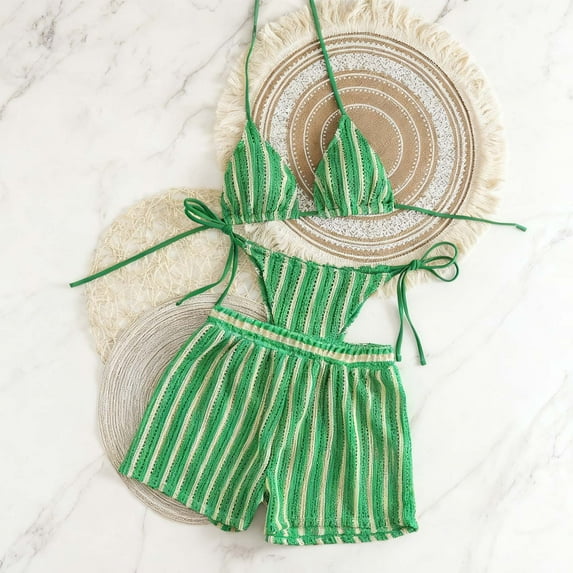 Aobny Womens Bikini Swimsuits Striped 3 Piece Swim Suits Triangle Green ...