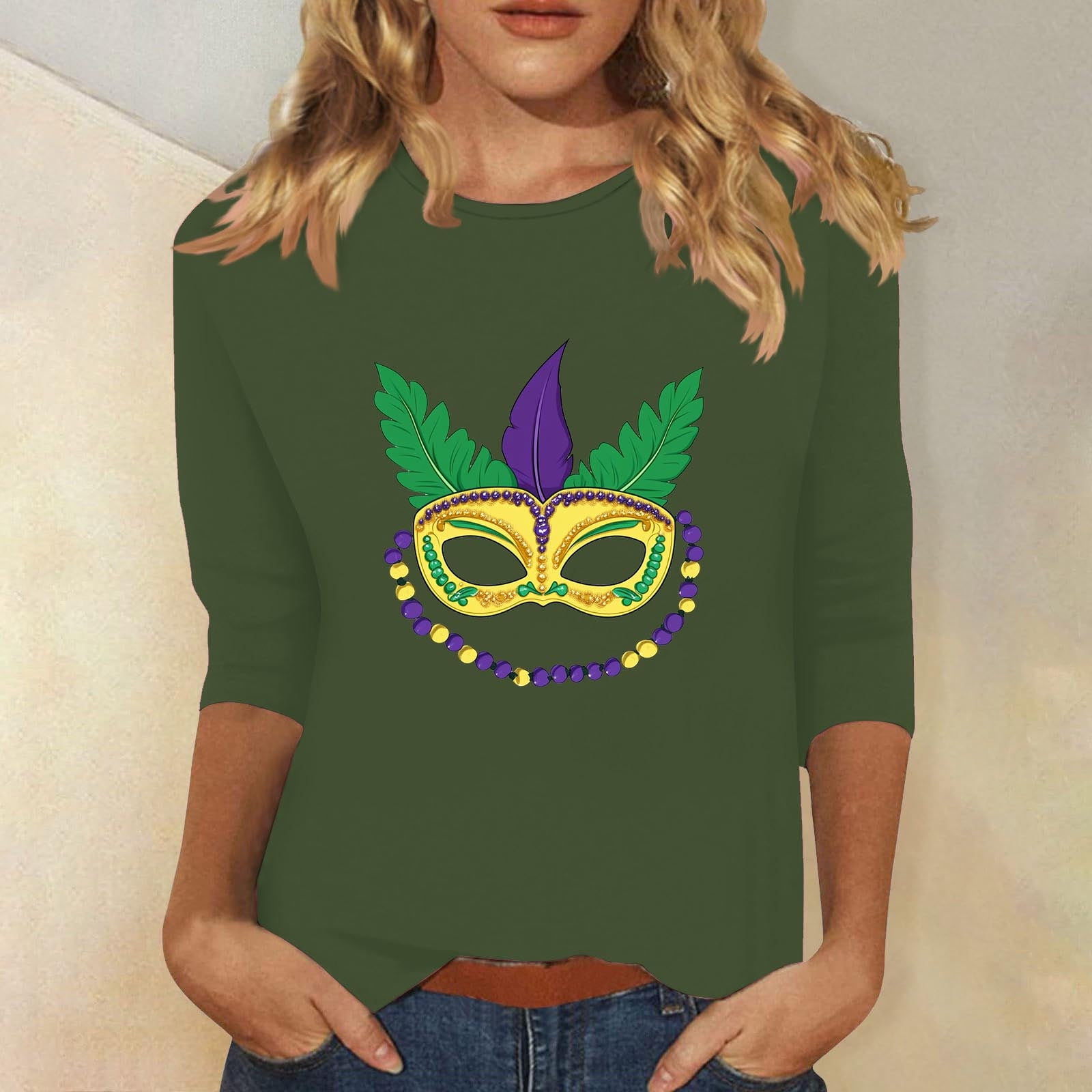 Aobny Womens Blouse Mardi Gras Carnival Shirt Crew Neck Green 3/4 ...