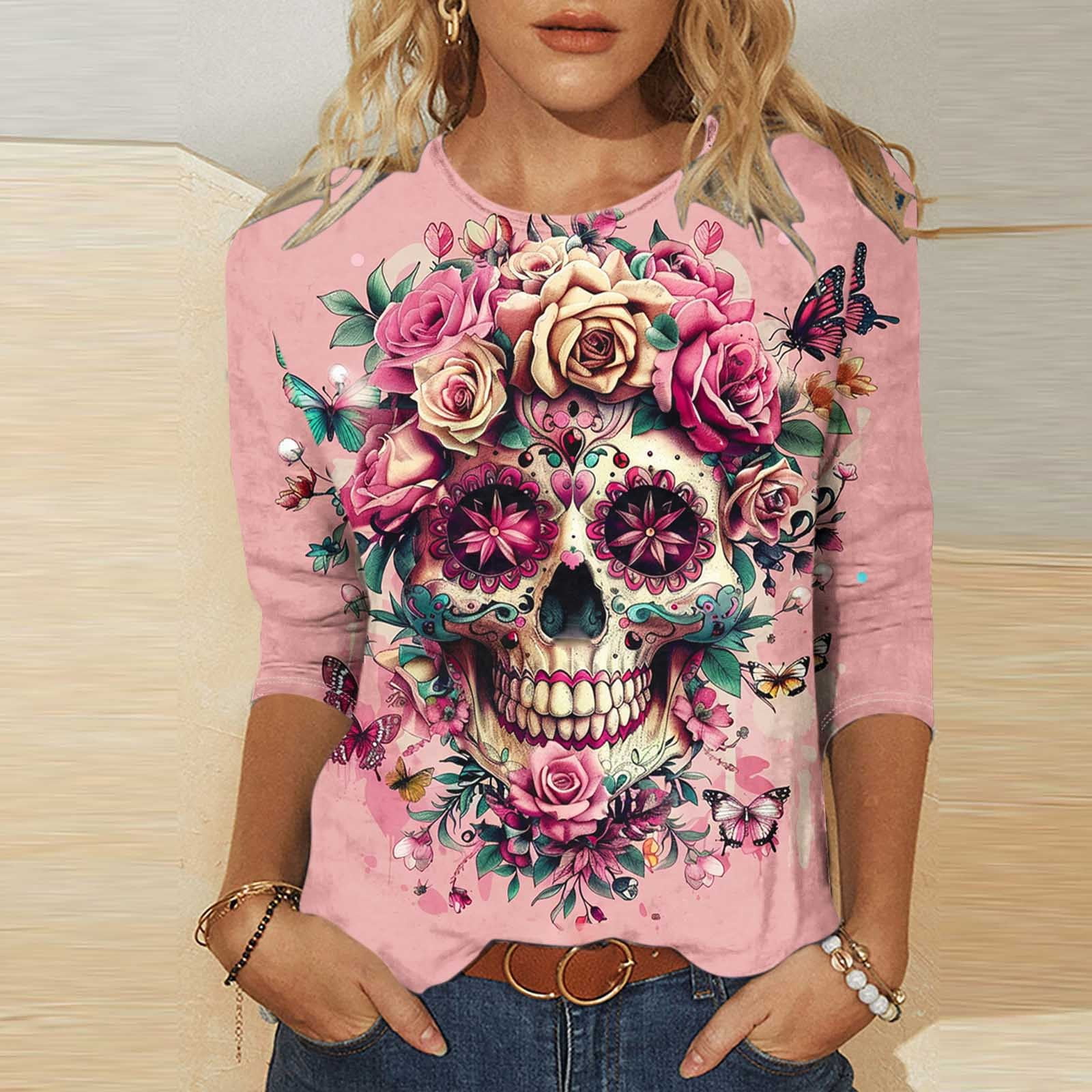 Aobny Womens Blouse Y2K Plus Skull Blouses & Tops Blouse Crew Neck 3/4 ...