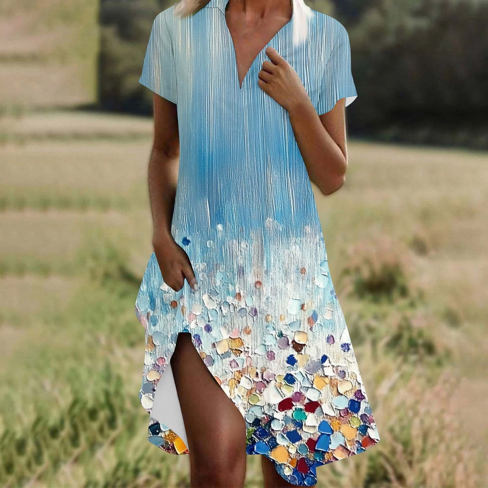 Aobny Womens Dresses Casual Flowy Blue Sunday T-Shirt Mini V-Neck ...