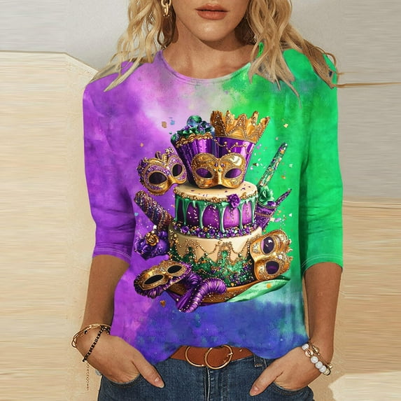 Aobny Womens Shirts Casual Plus Size Oversized Mardi Gras T-shirt 3/4 ...