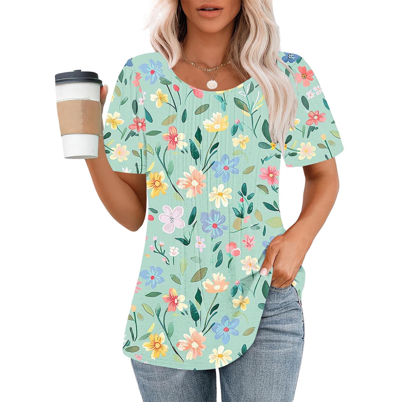 Aobny Womens Spring Tops 2025 Trendy Tunic Ruched T-shirts Crew Neck ...