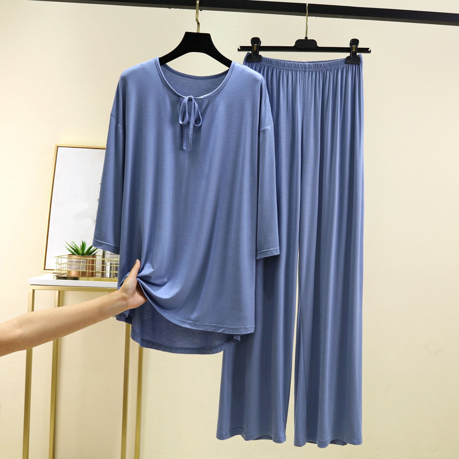 Aobny Womens Summer Pajamas Blue Drawstring Modal Pajama Loose Crew ...
