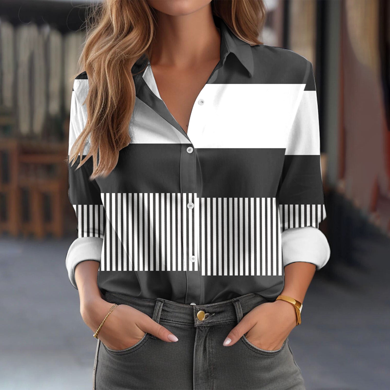 Aobny Womens Tops Striped Black Plus Size Blouse Long Sleeve Collared ...