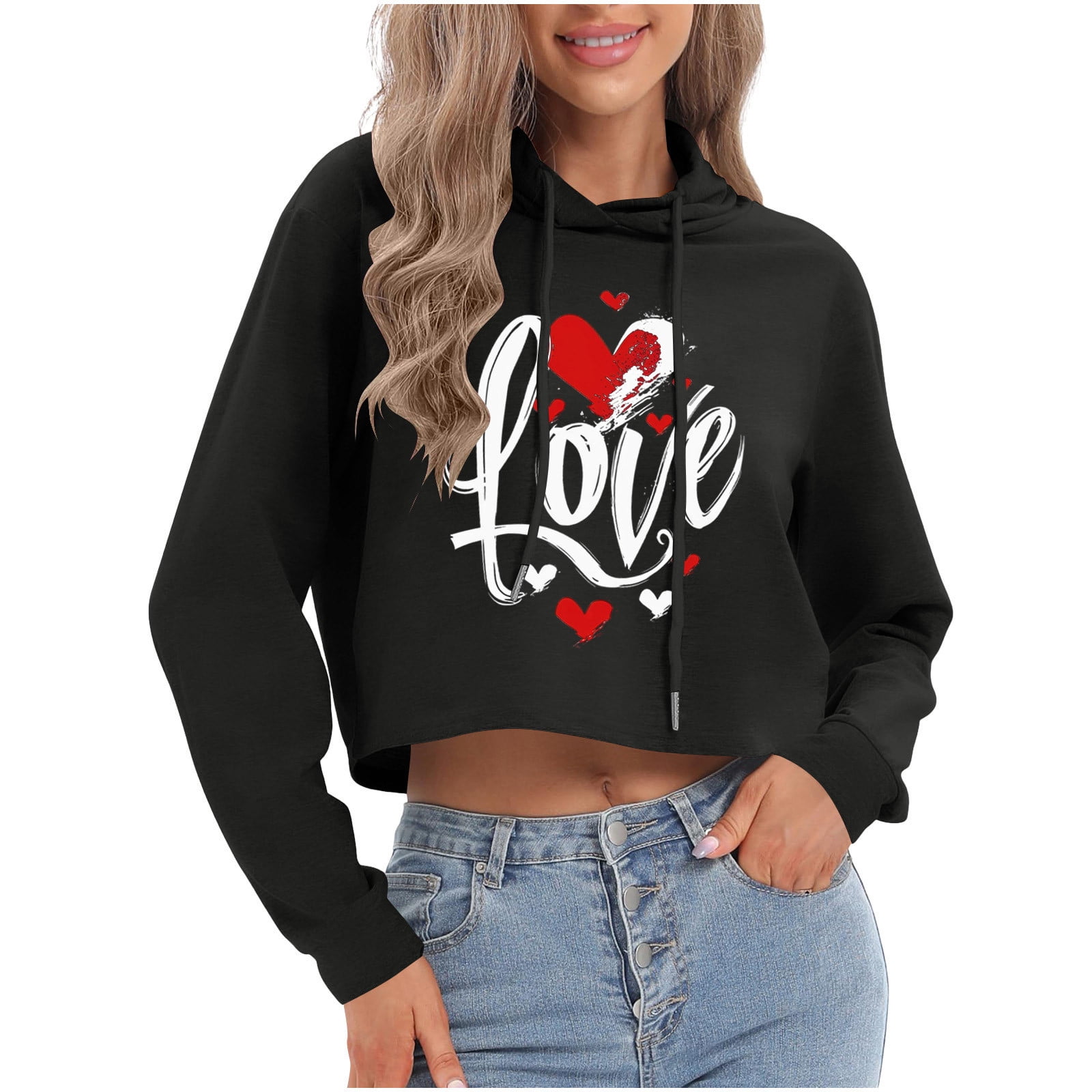 Aobny Work Blouse Loose Fit Love Heart Womens Shirt Black Hooded Crop ...