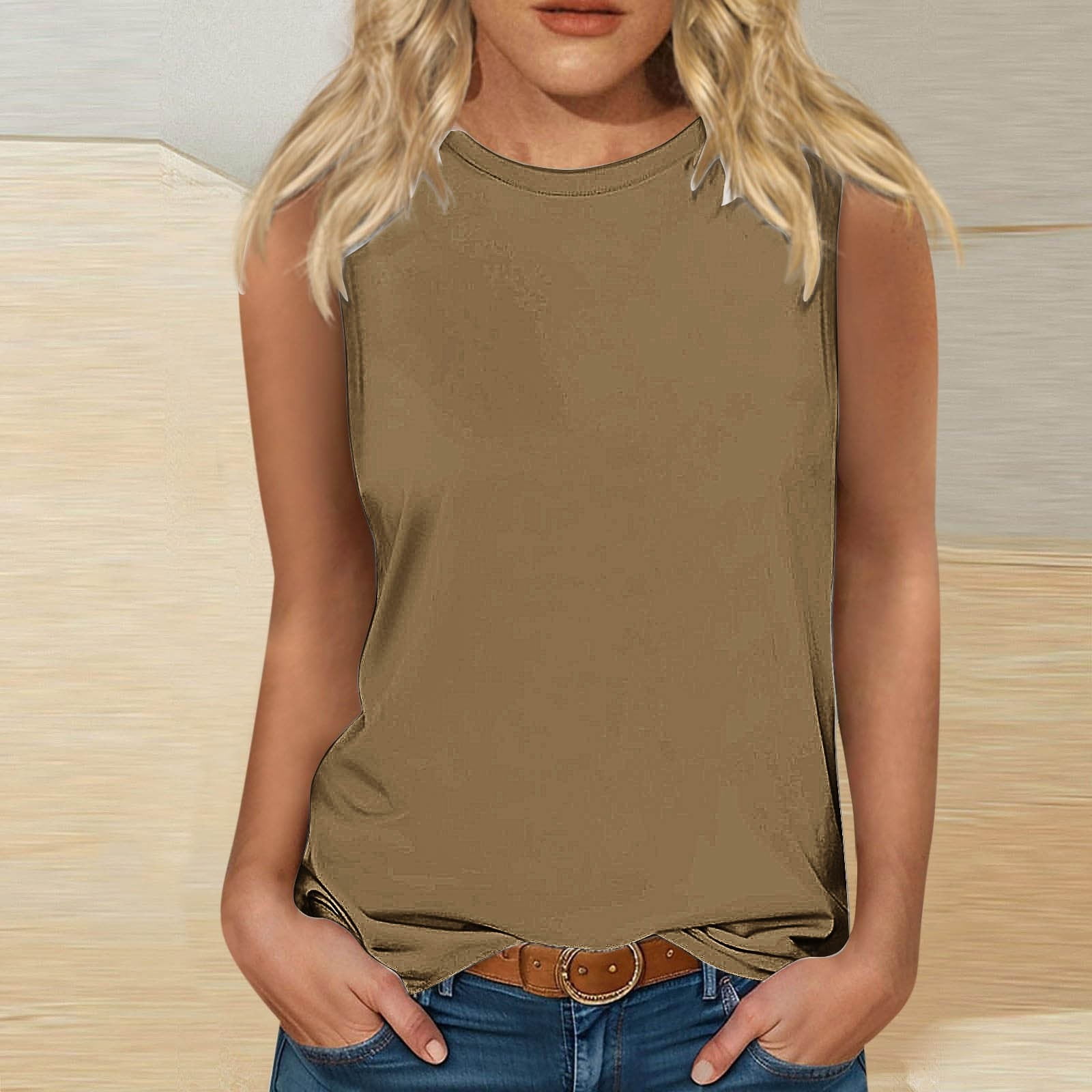 Aobny Work Leisure Women's Tank Tops Plus Size Basic Yellow Shirts High Neck Solid Muscle Ladys ...