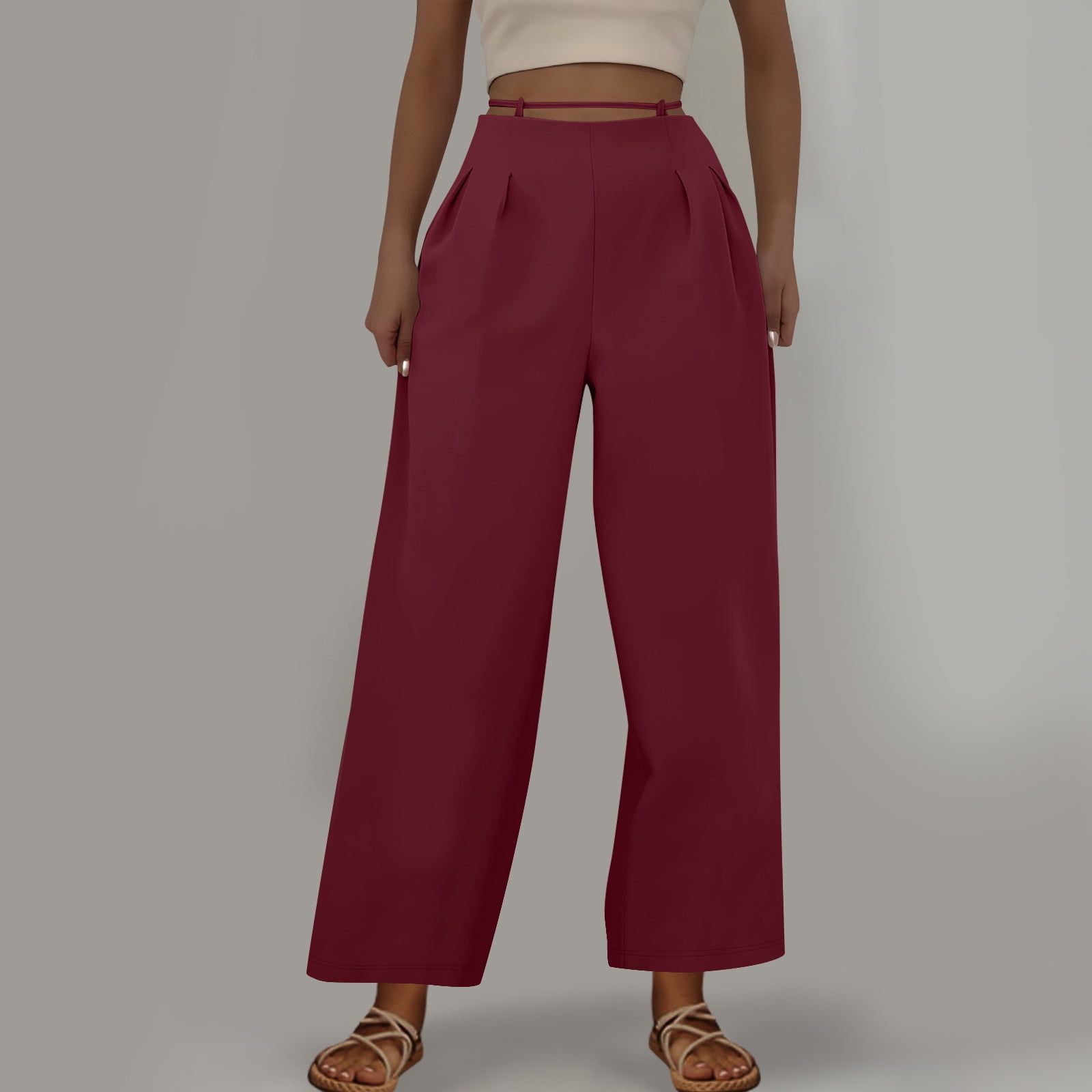 Aobny Work Pants Women Baggy Business Red Flowy Pants High Waisted ...