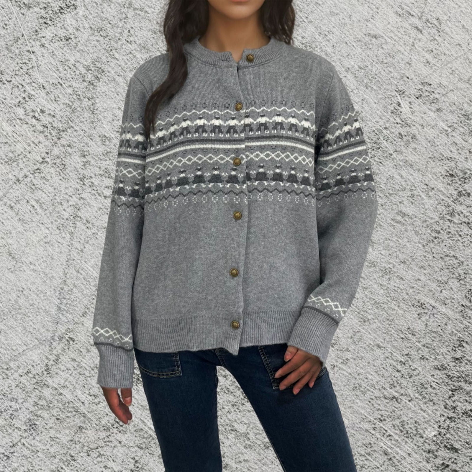 Aobny Work Sweaters for Women Fair Isle Gray Button Up Crew Neck Long ...