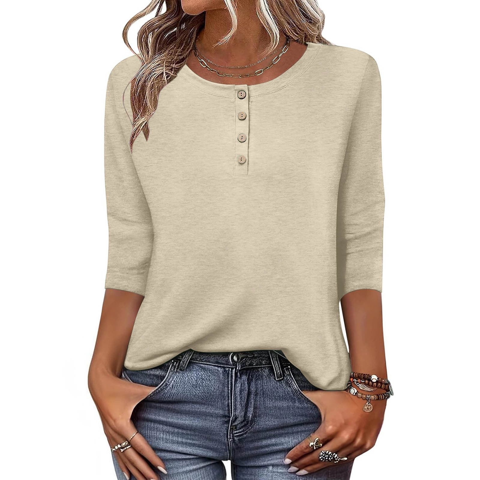 Aobny Y2k Tops for Women Button Plain Khaki Blouses 3/4 Sleeve Henley Womens Casual Tops,M ...