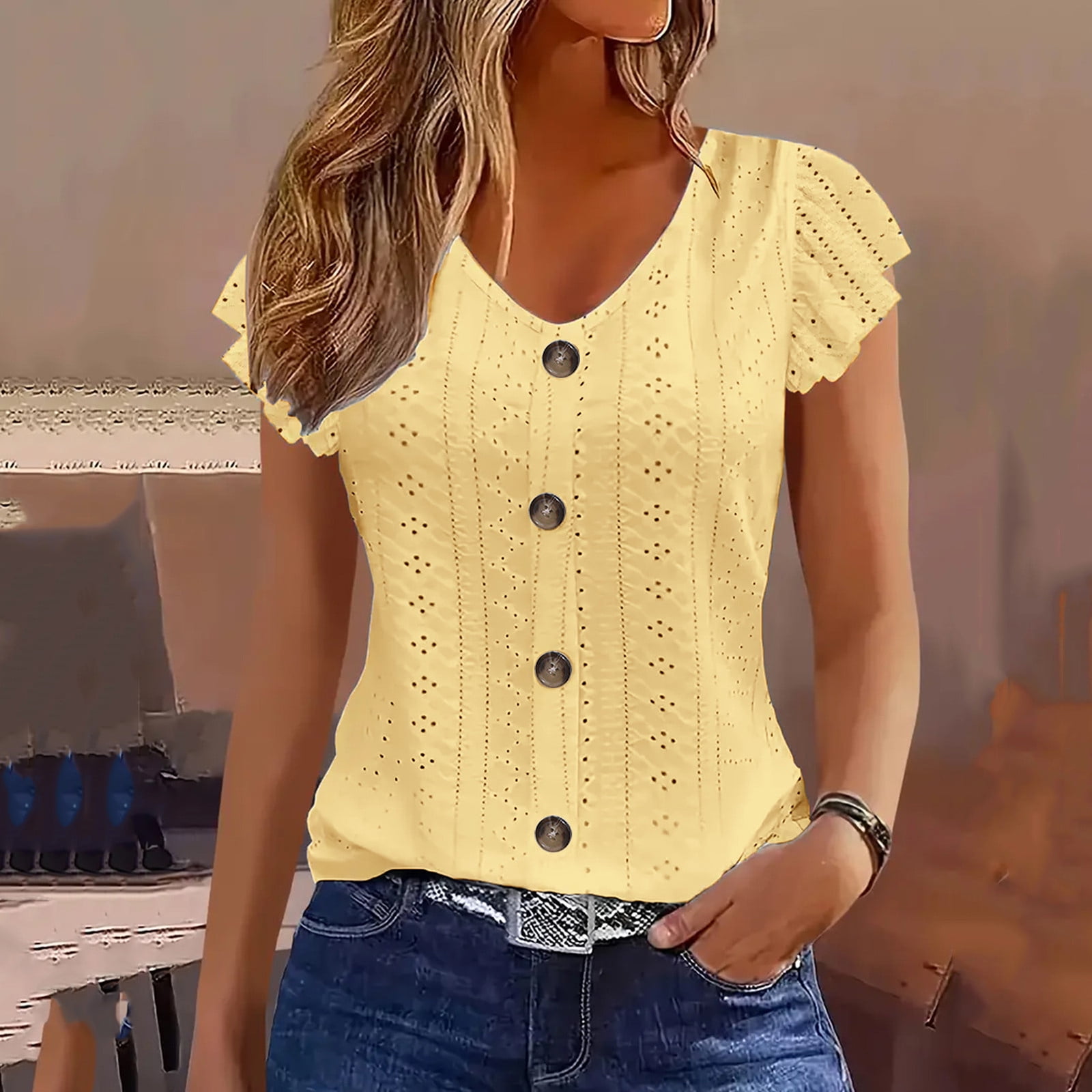 Aobny Yellow Cute Spring Tops for Women Eyelet T-Shirt Flutter Sleeve ...
