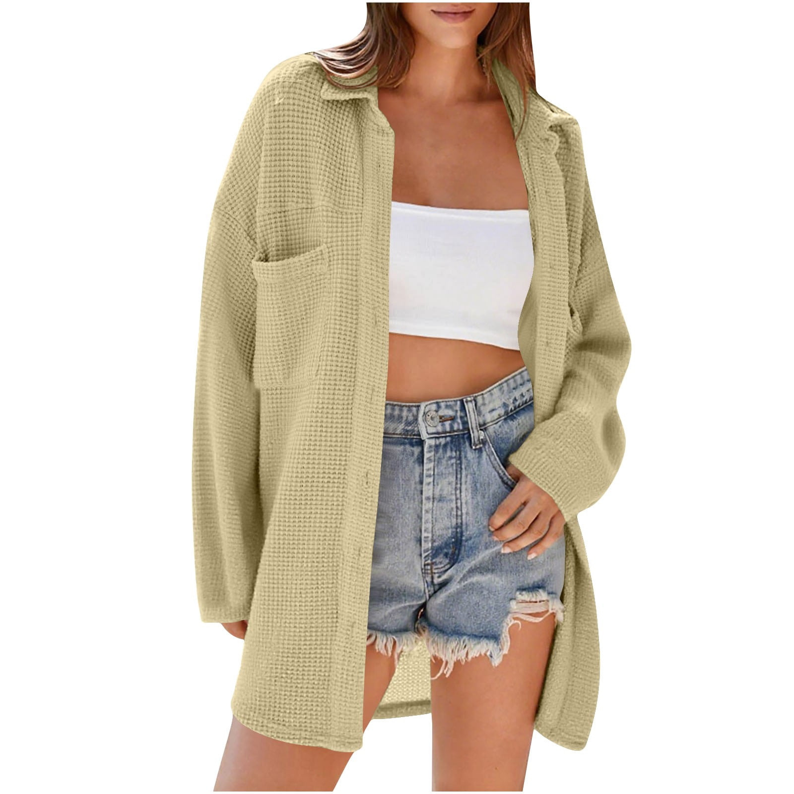 Aobny Yellow Party Tops Button Up Women Waffle Knit Blouses Collared ...