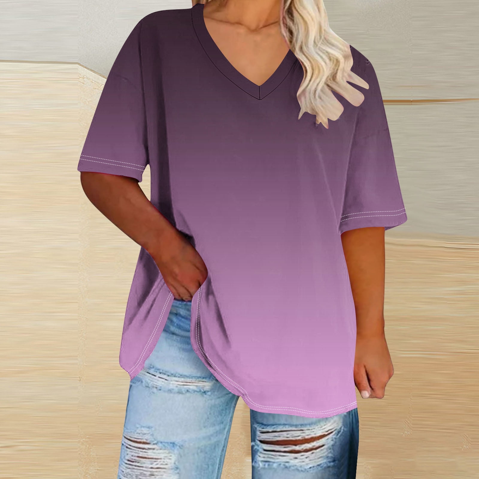 Aobny for Curvy T Shirts Gradient Oversized Womens Shirts Purple Short ...