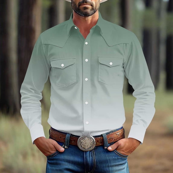 Aobny with Pocket Work Shirts for Men Green Collared Long Sleeve ...