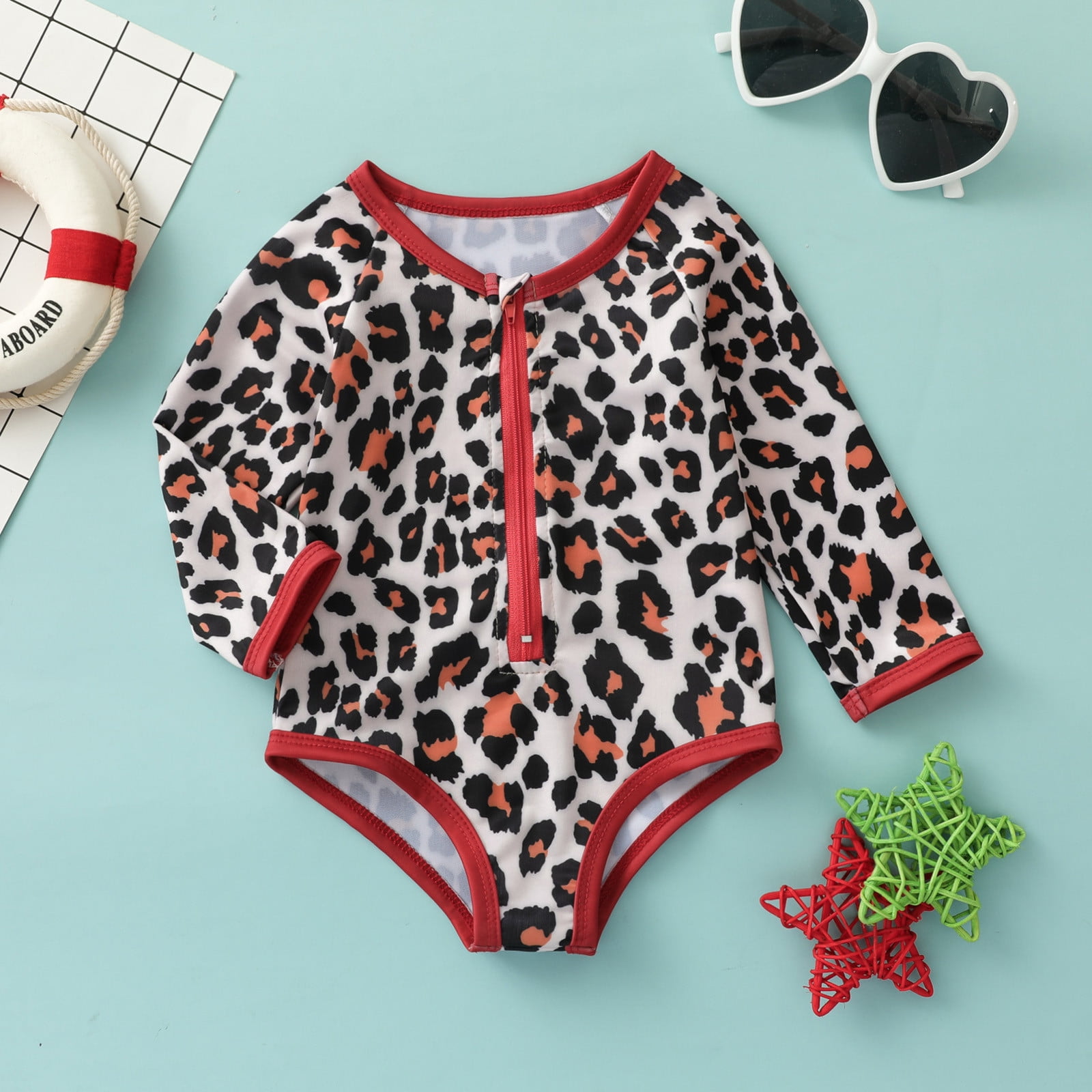 Aodebiao Baby Clothes Toddler Girls Swimsuit Leopard Print Zipper Beach Long Sleeve One-piece ...