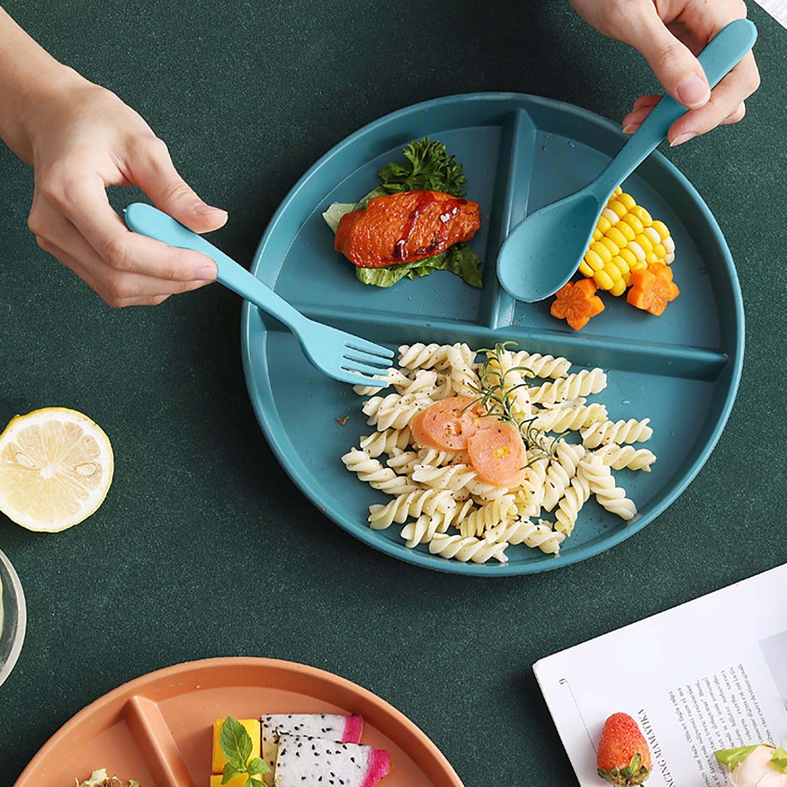 Aodebiao Divided Bamboo Fiber Plate Set with Spoon, Fork & Chopsticks ...