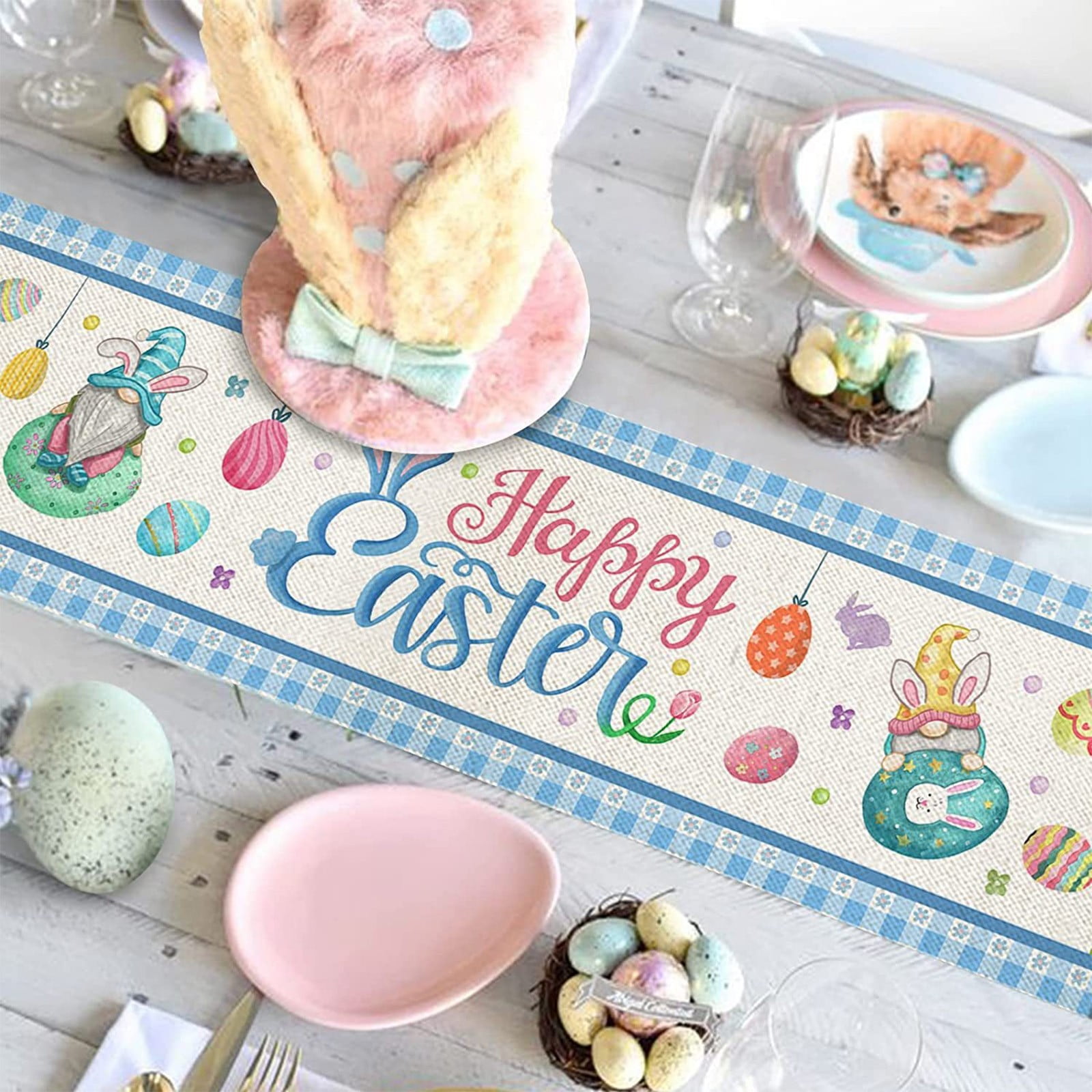 Aodebiao Easter Table Runner Easter Bunny Eggs Table Runner Buffalo ...