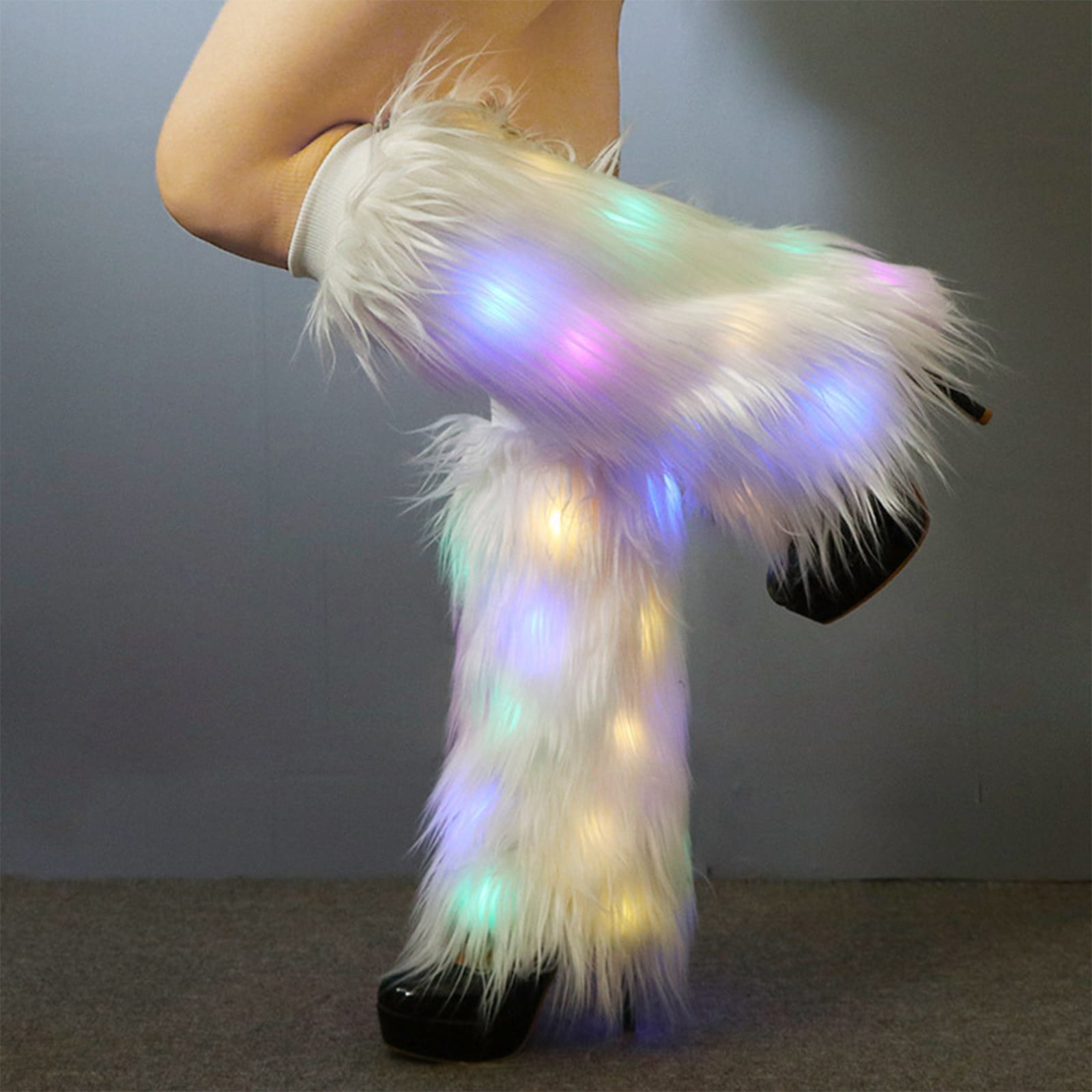 Aodebiao White Faux Fur Leg Warmers Light Up Rave LED Leg Cover 80s ...