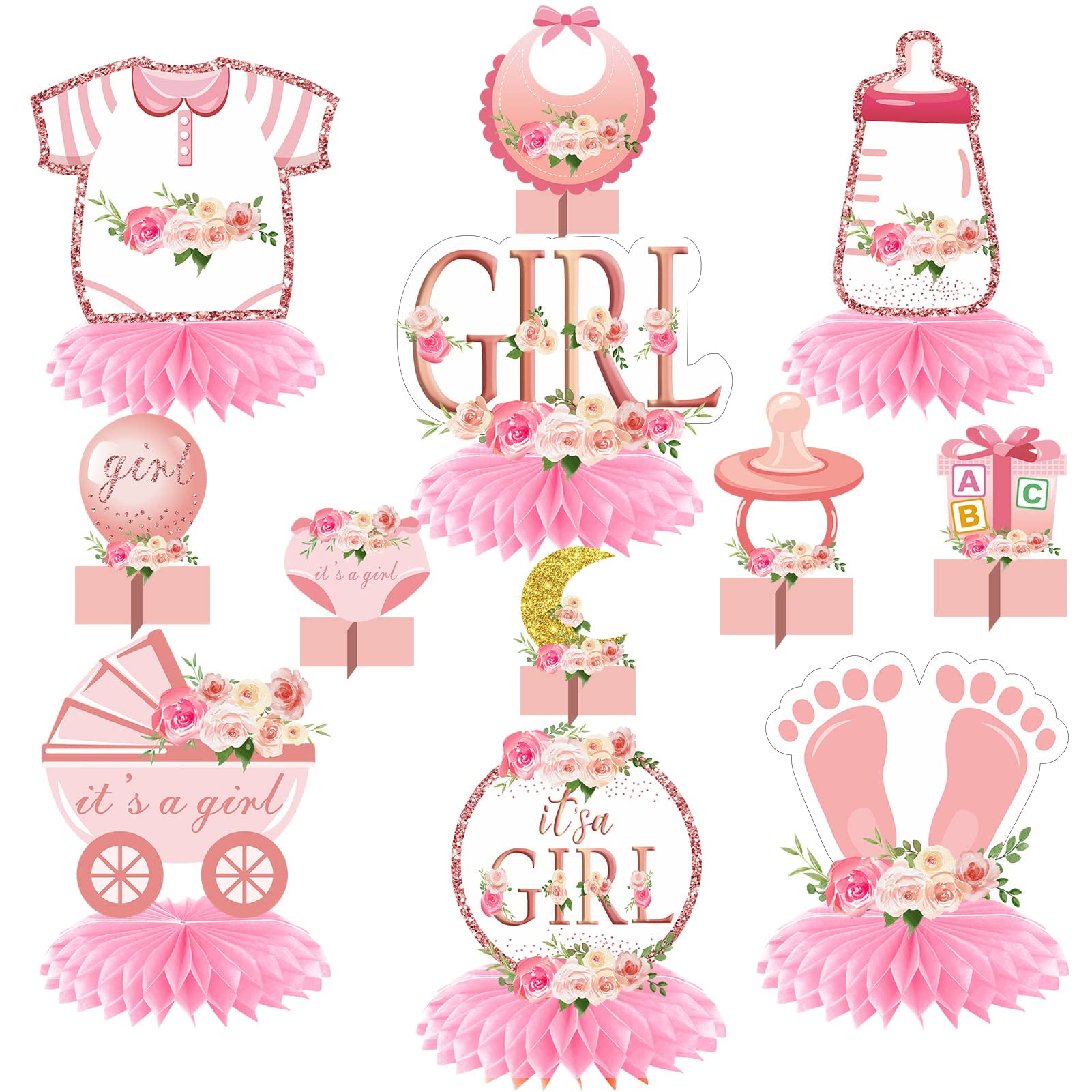Aodocuto 12Pcs Pink Rose Gold Baby BSL1 Shower Decorations Centerpieces ...