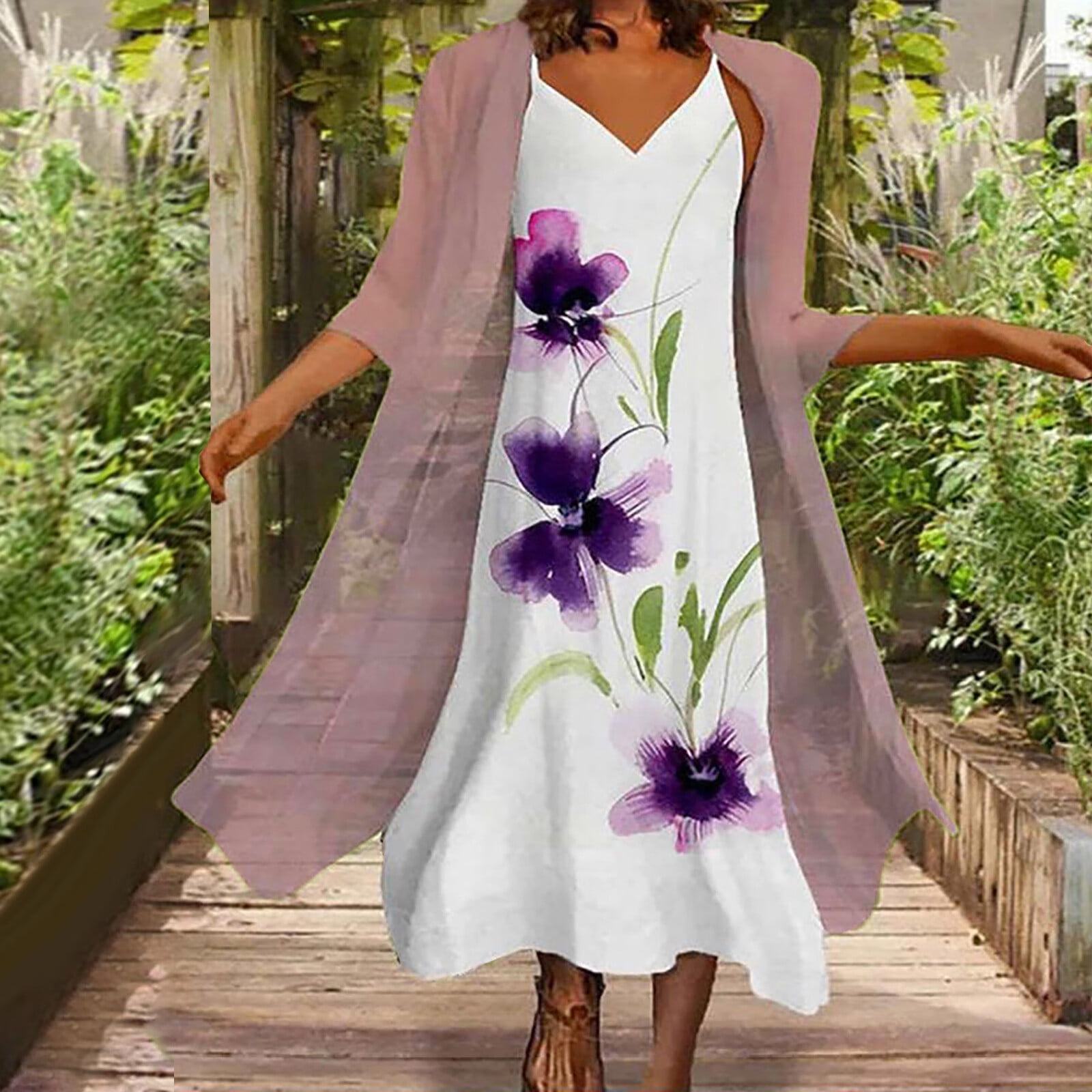 Fashion Women Casual V- Neck Sleeveless Dress Solid Coat Two-Piece Set 2 Piece Set Beach ...