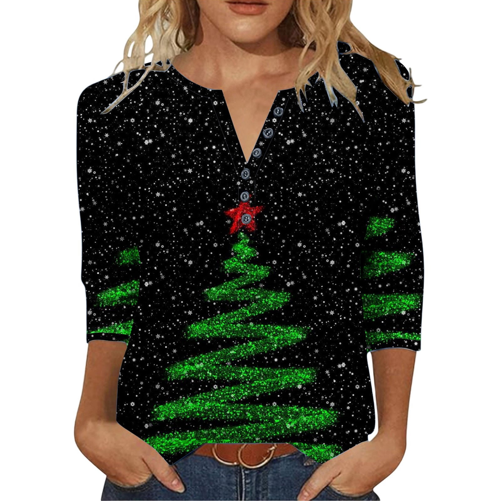 Aofany Ladies Christmas Tops 3/4 Sleeve Christmas Tree Print Tops Loose ...