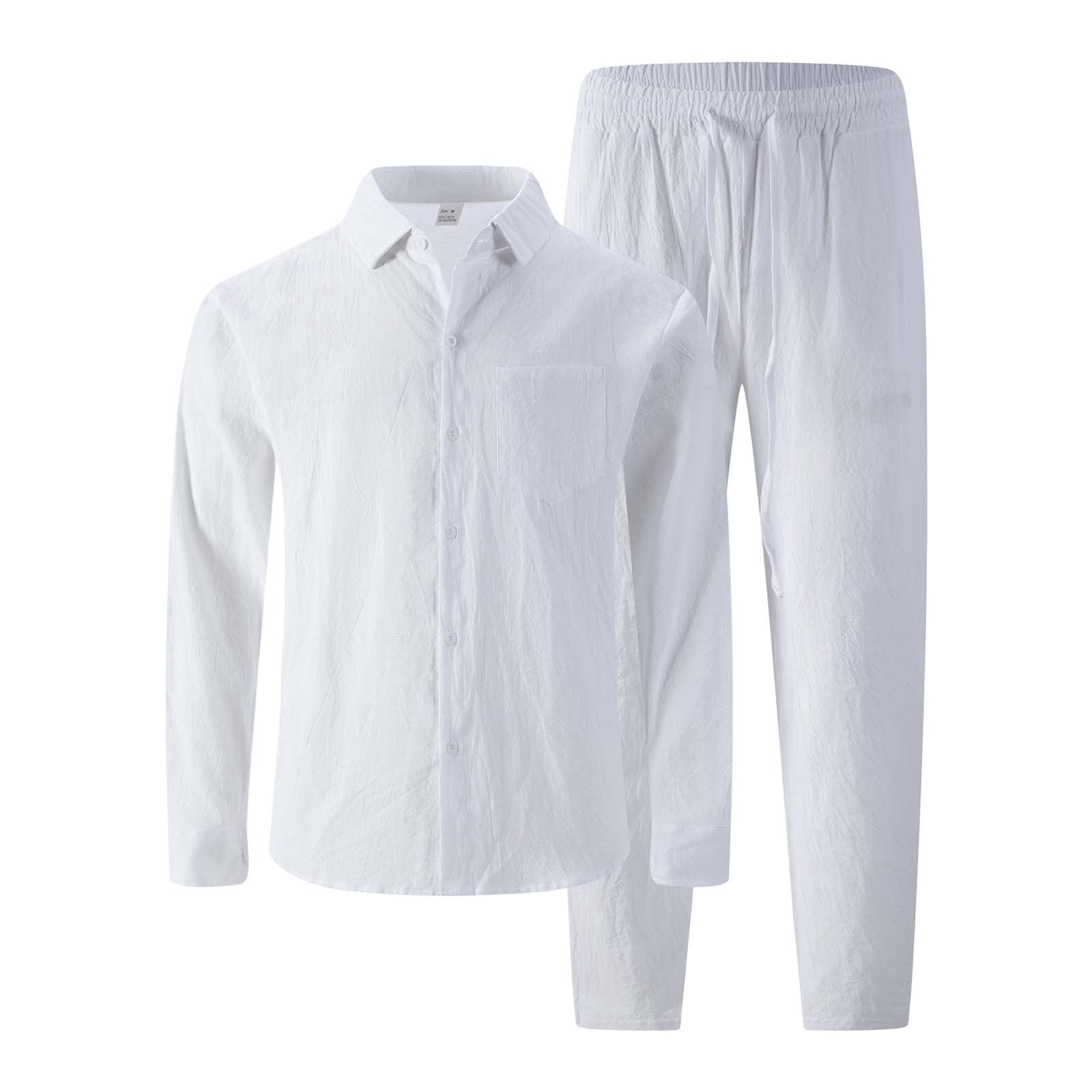 Aofany Men 2 Piece Linen Sets Outfits Button Down Long Sleeve Shirts ...