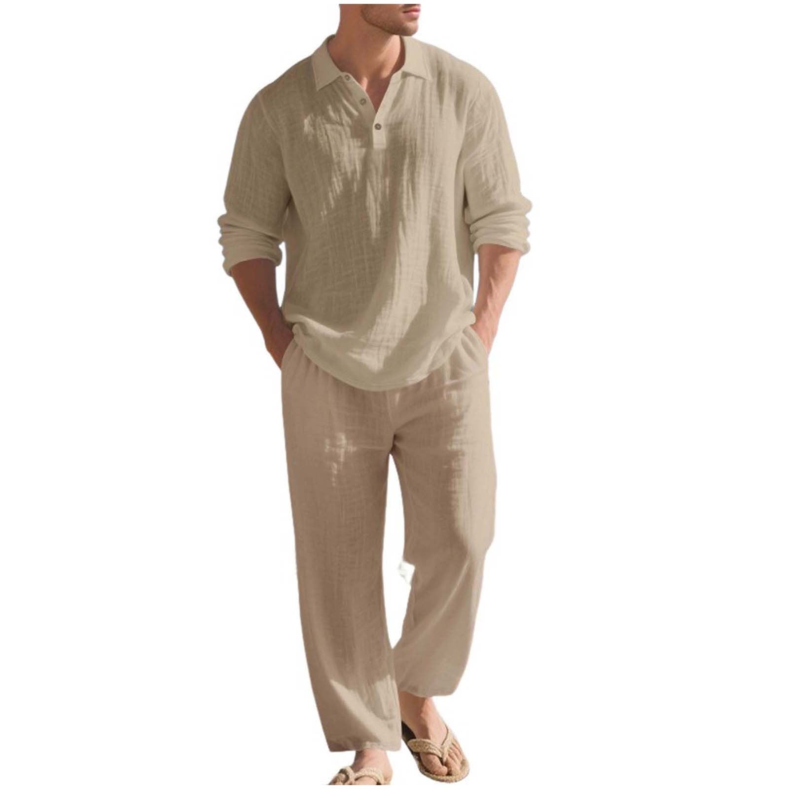 Aofany Men's 2 Piece Outfit Mens Linen Sets Long Sleeve Button Down ...