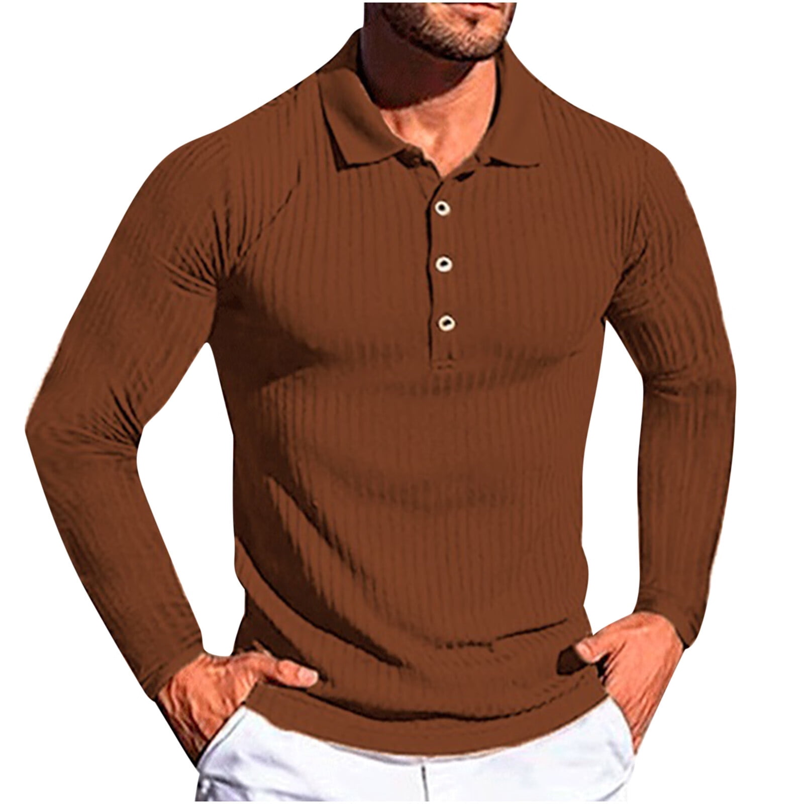 Aofany Men's Knit Shirts Lapel Long Sleeve Shirt Fashion Button Solid ...